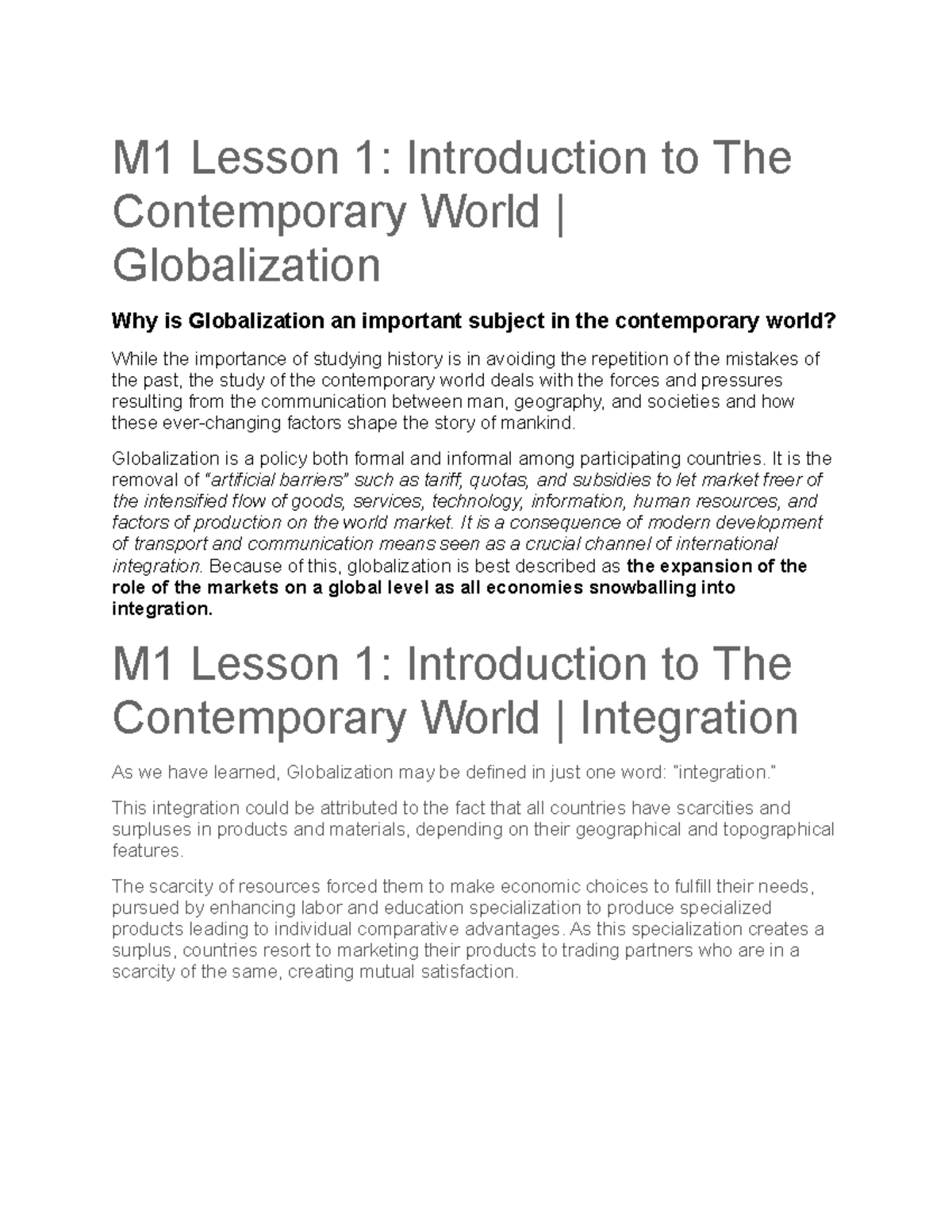 Contemp-M1-5 - Contemporary World summaries - M1 Lesson 1: Introduction ...
