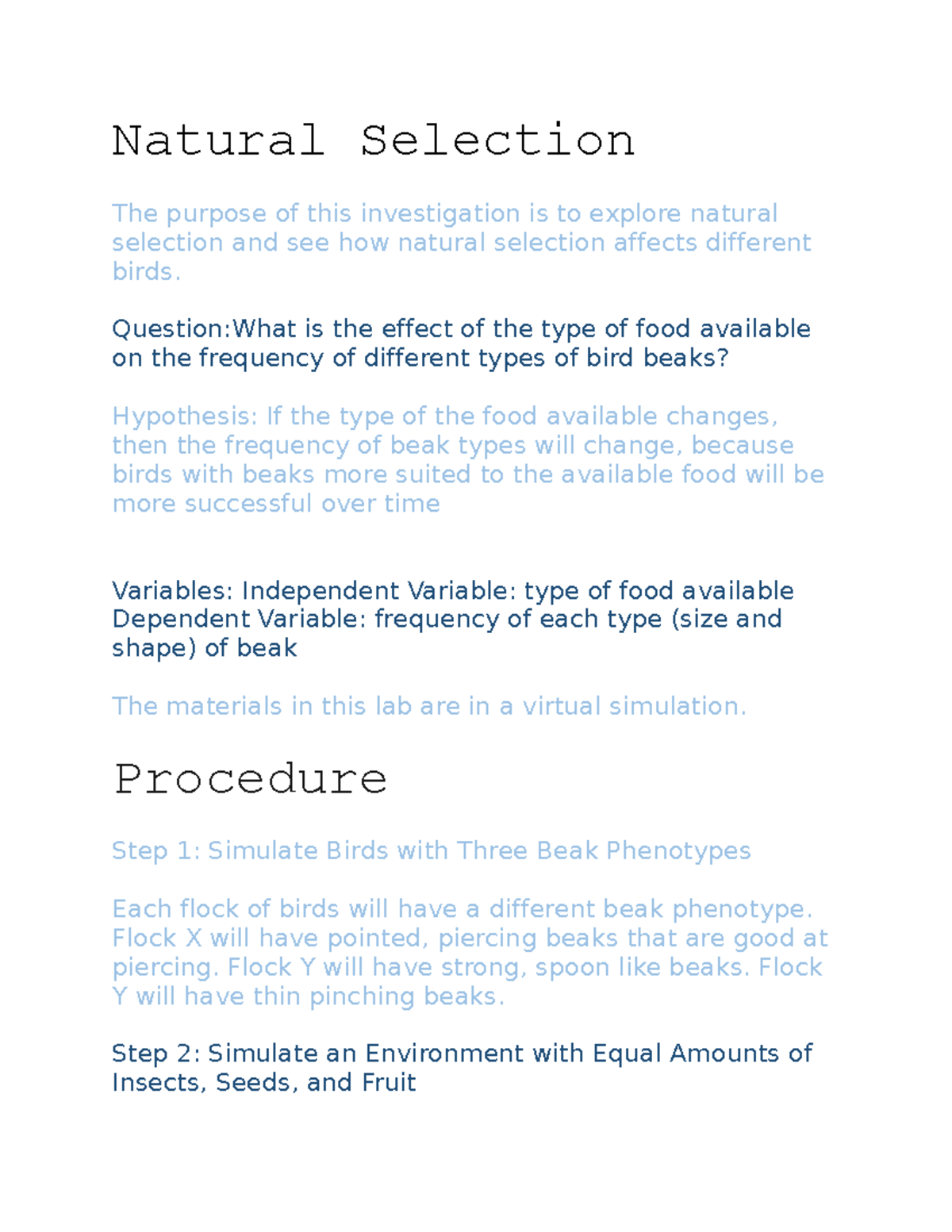 Natural Selection - Project - Natural Selection The purpose of this ...