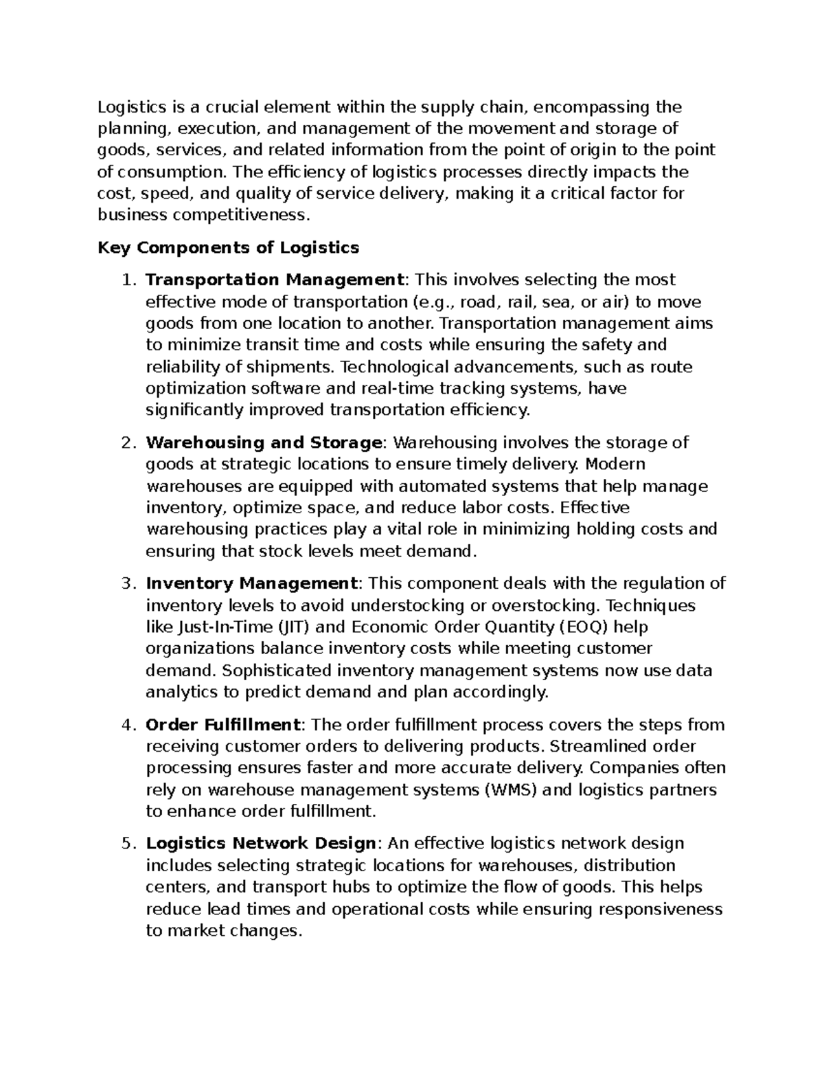 Logistics Overview Logistics Is A Crucial Element Within The Supply