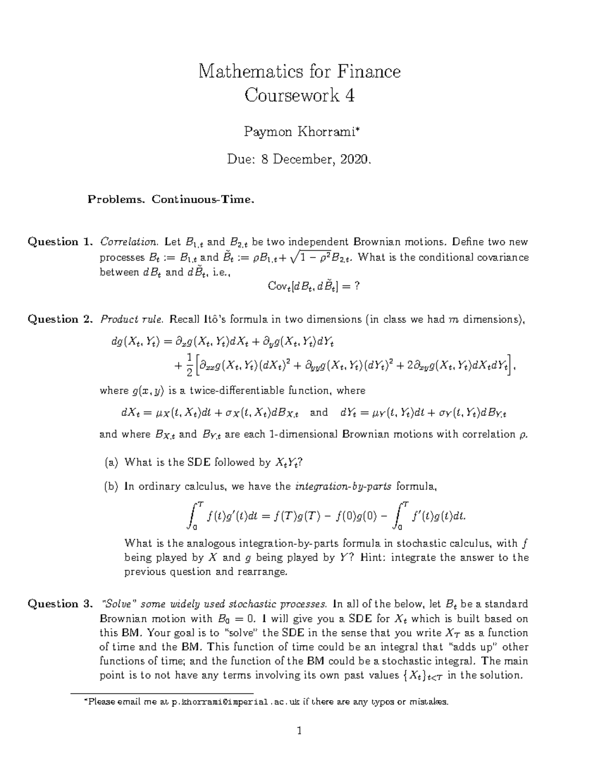 M4F - Course Work #4 - Continuous Time - Mathematics for Finance ...