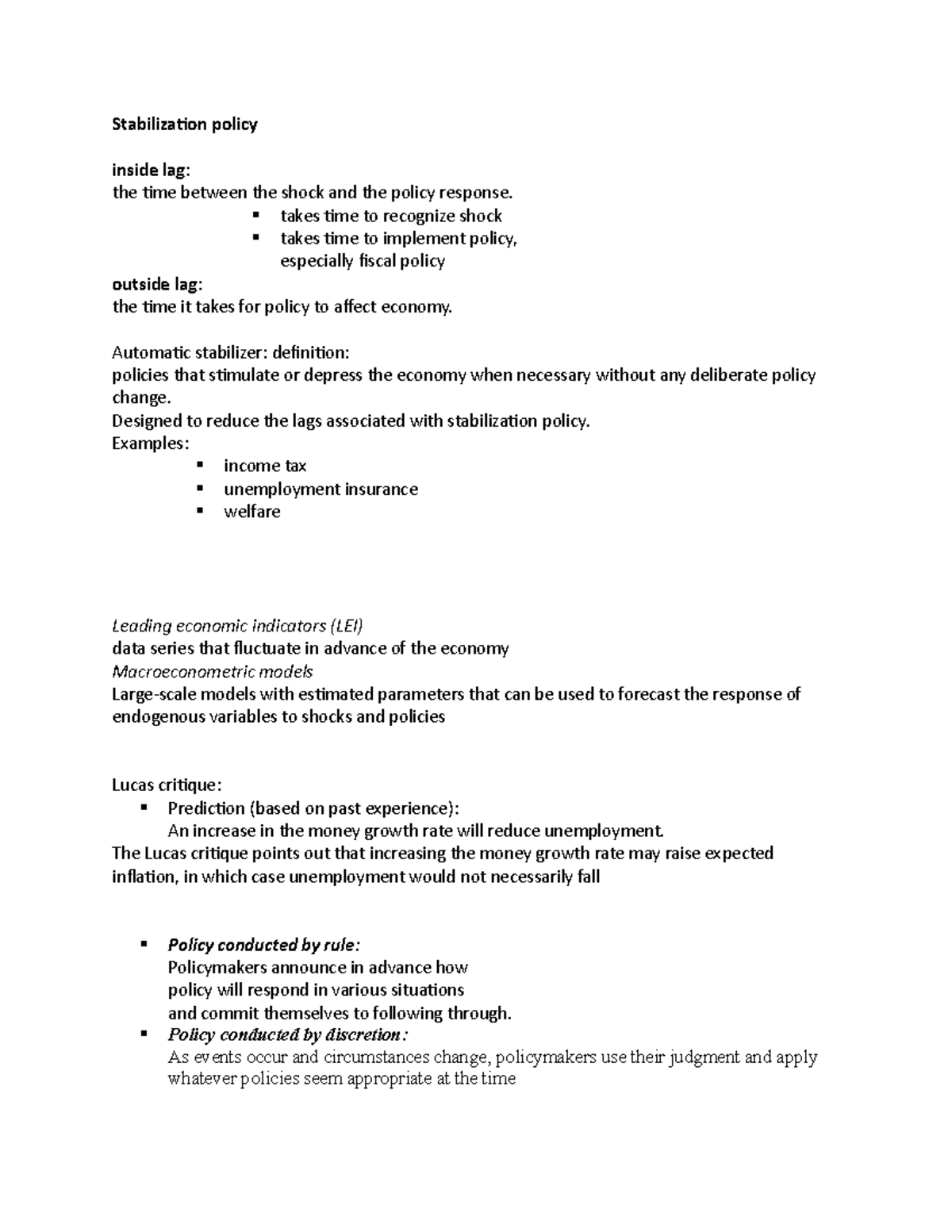 Stabilization policy - practice material for quiz and cheat sheet ...