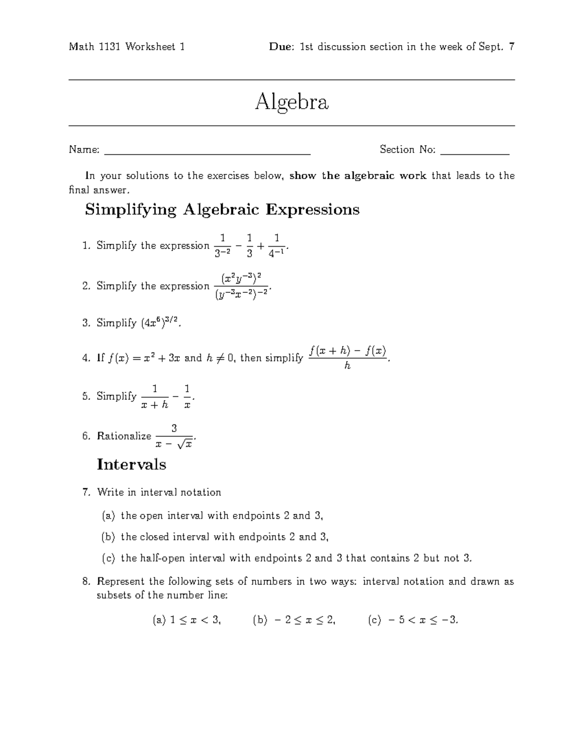 Seminar assignments - Worksheet 1 - 8 including limits - Math 1131 ...