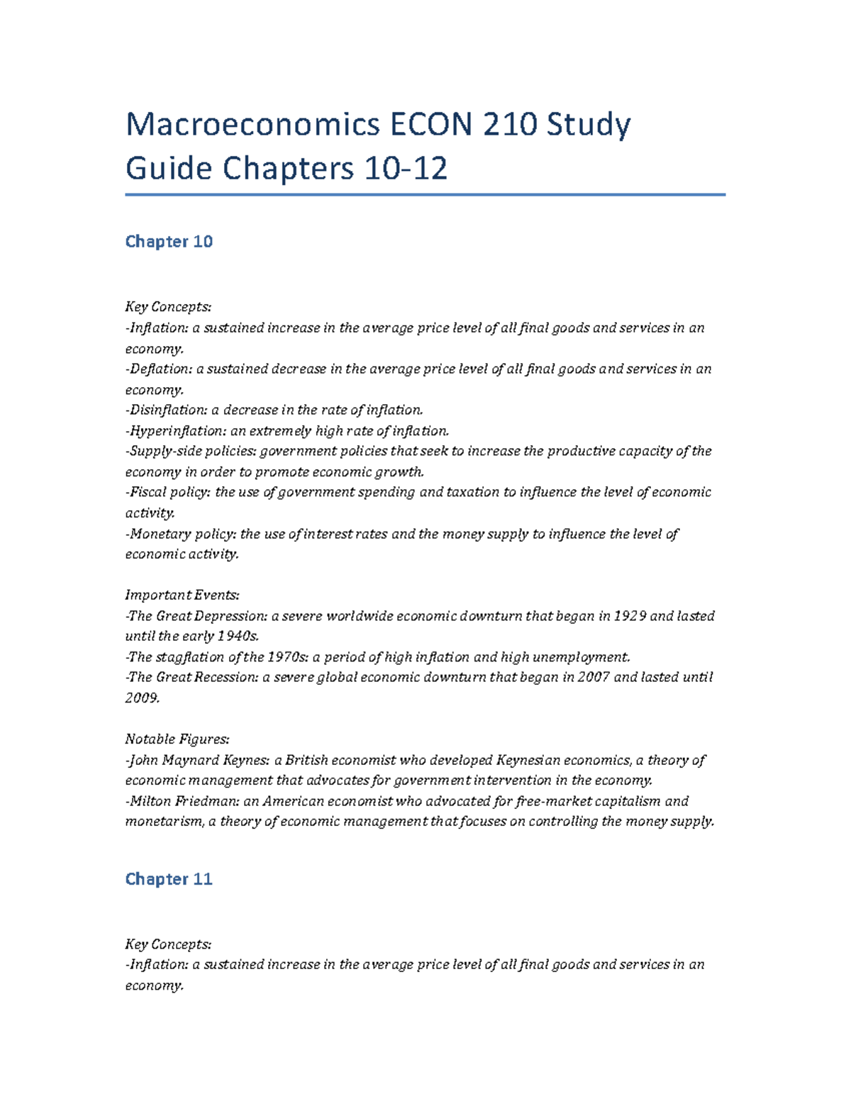 Macroeconomics ECON 210 Study Guide Chapters 10-12 - Macroeconomics ...