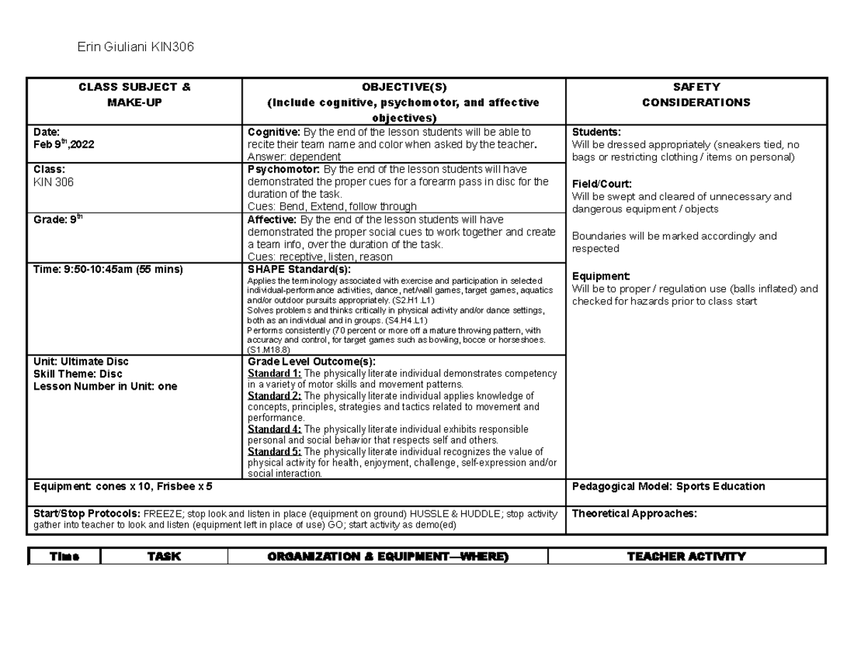 LP#1-KIN306 - Physical eduction Kin 306 lesson plan one, sport ...
