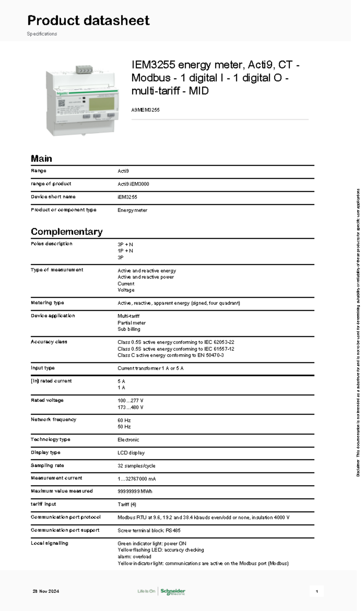 Schneider Electric Acti-9-i EM3000 A9MEM3255 - IEM3255 energy meter ...