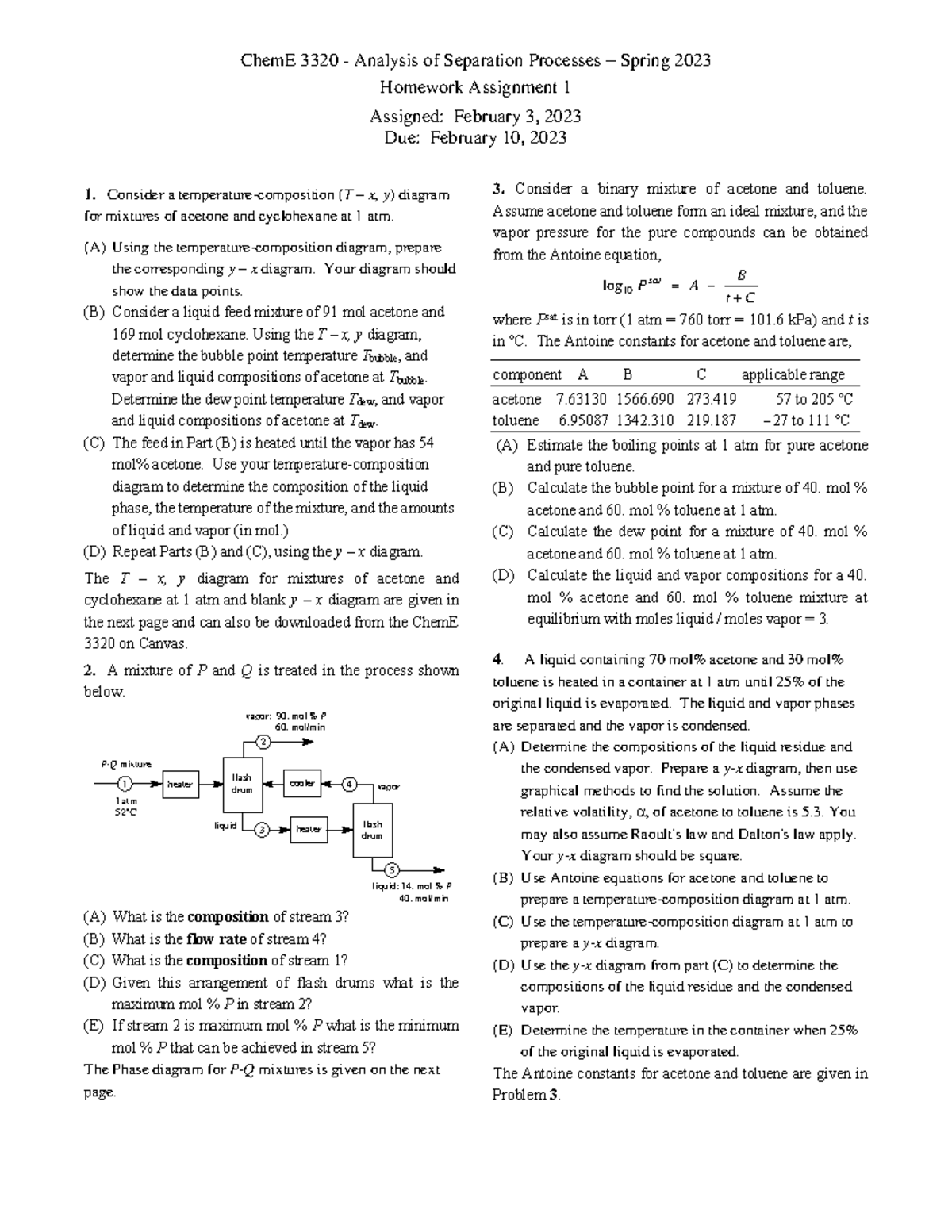 Hmwk 1 - practice - ChemE 3320 - Analysis of Separation Processes – Spring 2023 Homework ...