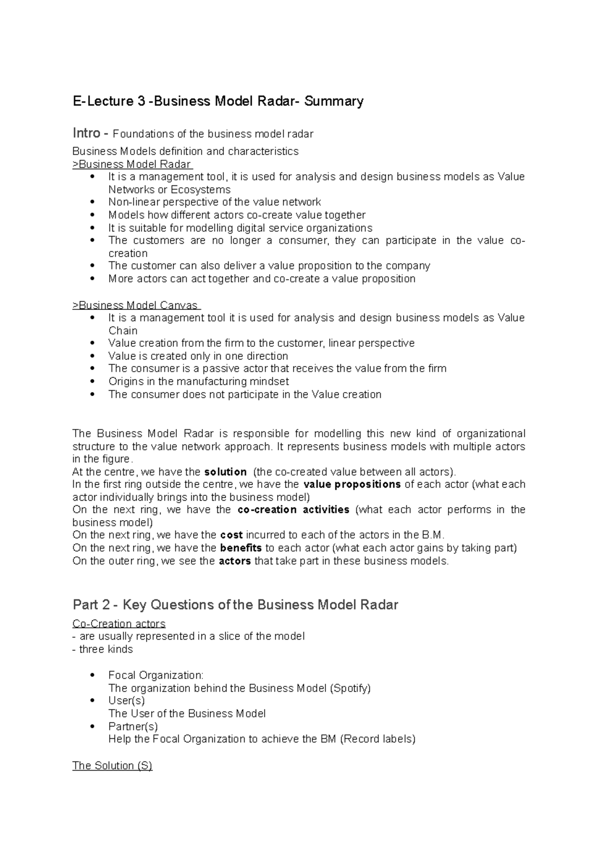 Business Model Radar lecture summary - E-Lecture 3 -Business Model ...