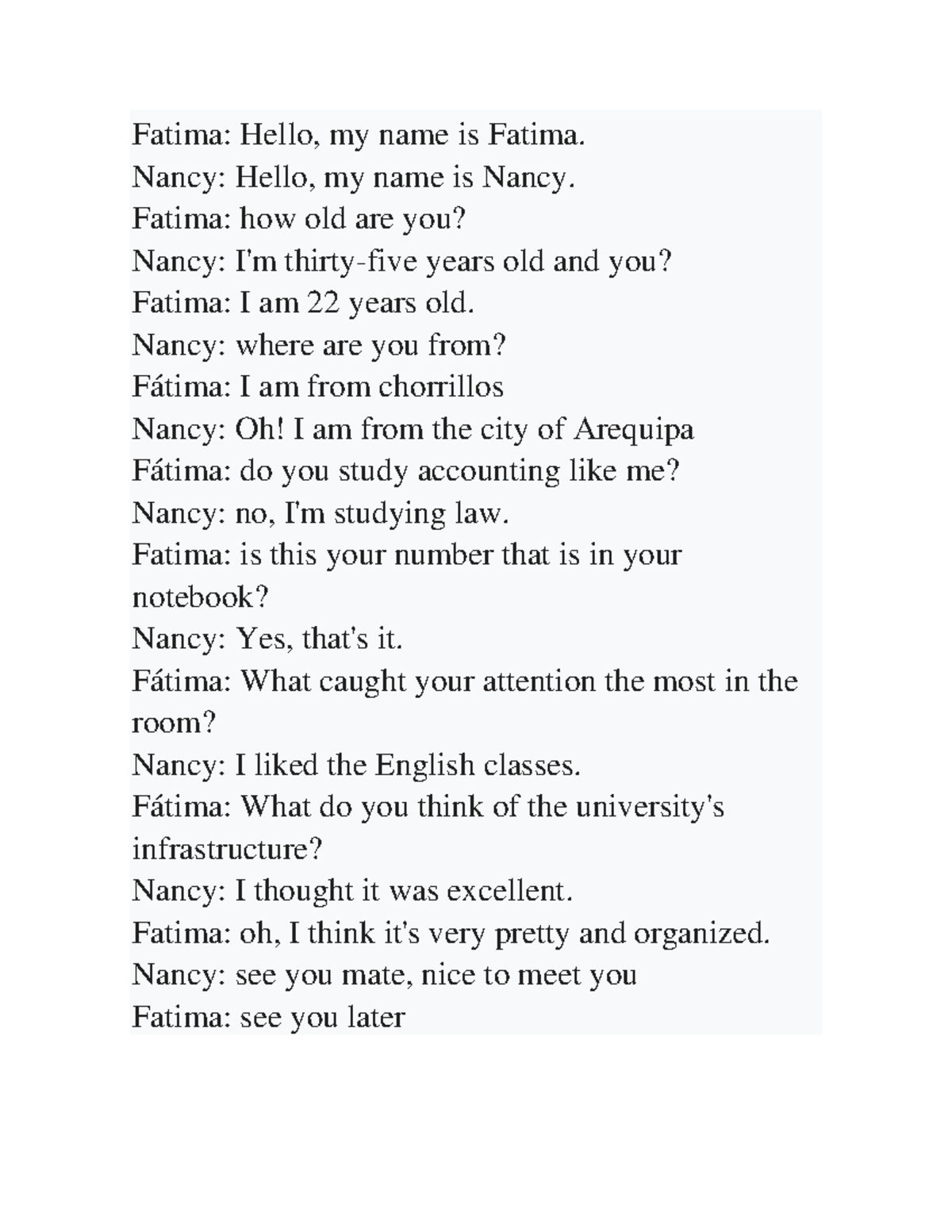 Ingles 1 - informe practico - Fatima: Hello, my name is Fatima. Nancy ...