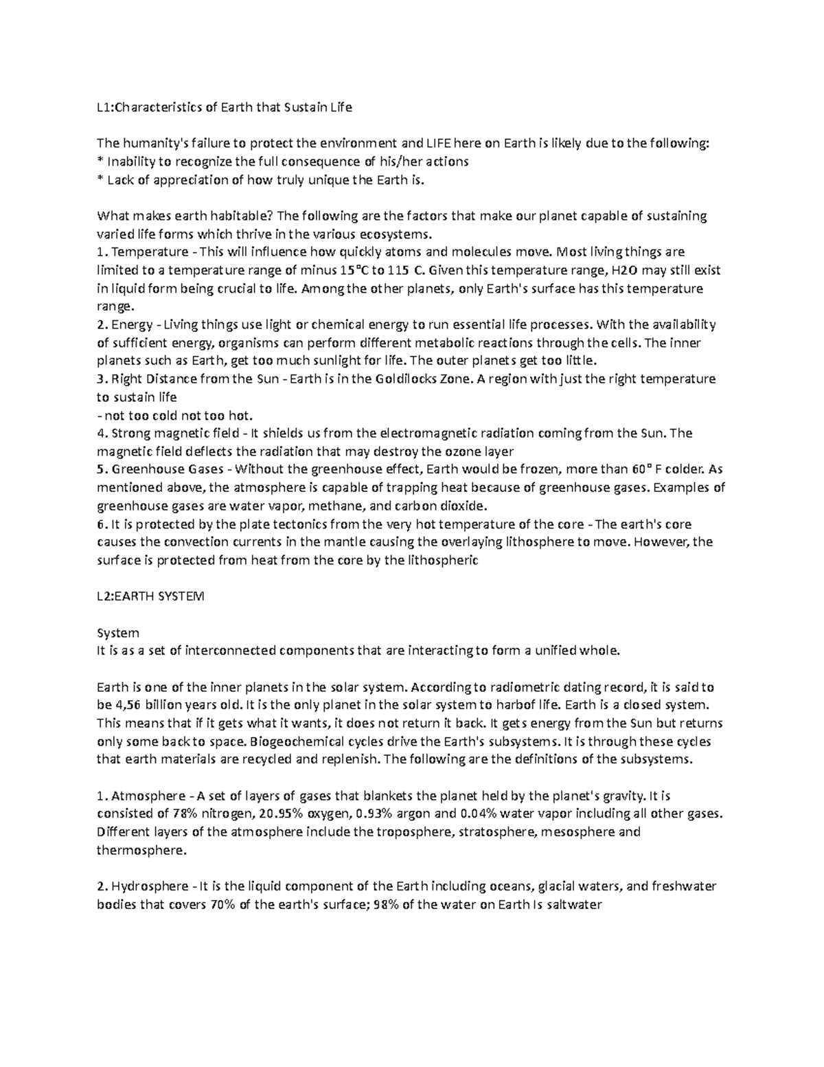 Earth science L1-L9 - Yes - L1:Characteristics of Earth that Sustain ...
