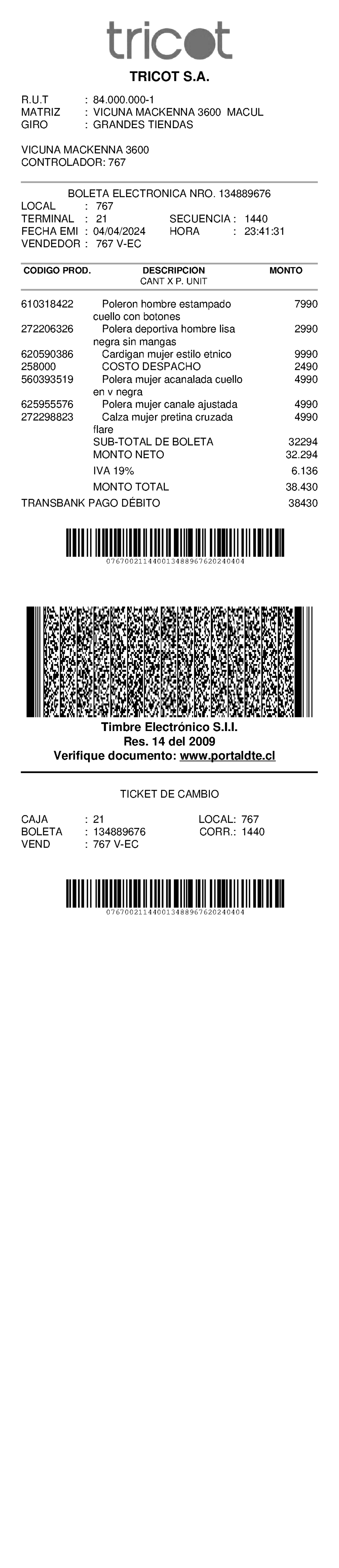 Boleta tricot - buena - TRICOT S. R.U : 84.000- MATRIZ : VICUNA ...