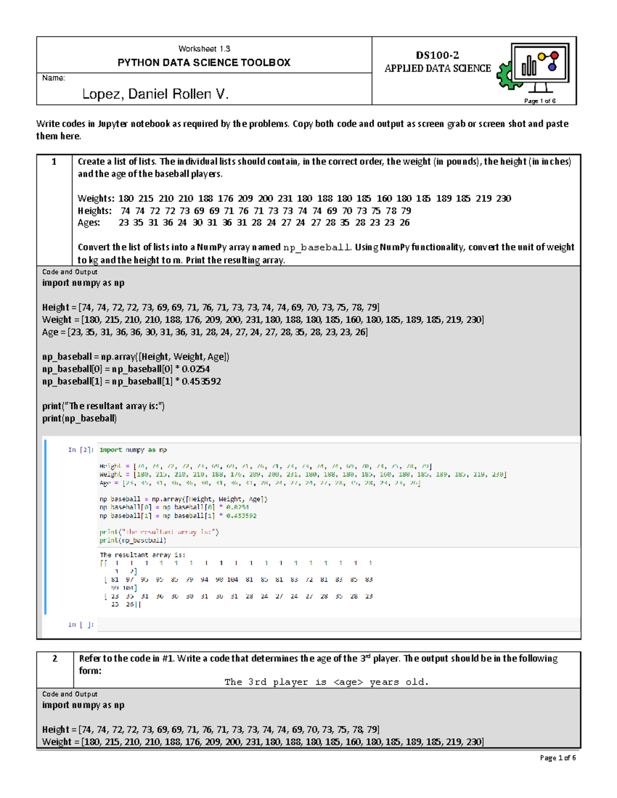 DS100-2 | worksheet 1.3 | 2024 - 2025 | - Worksheet 1. PYTHON DATA SCIENCE TOOLBOX DS100- 2 ...