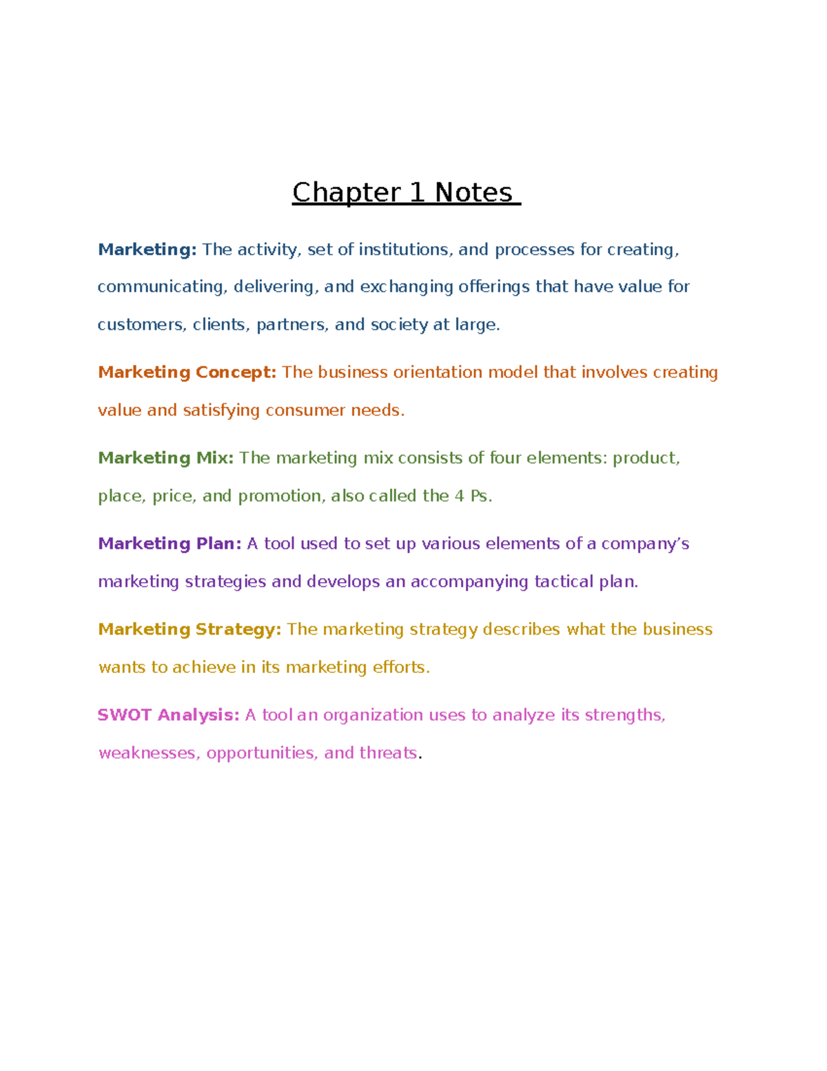 Chapter 1 Notes, MKT-312 - Chapter 1 Notes Marketing: The activity, set ...