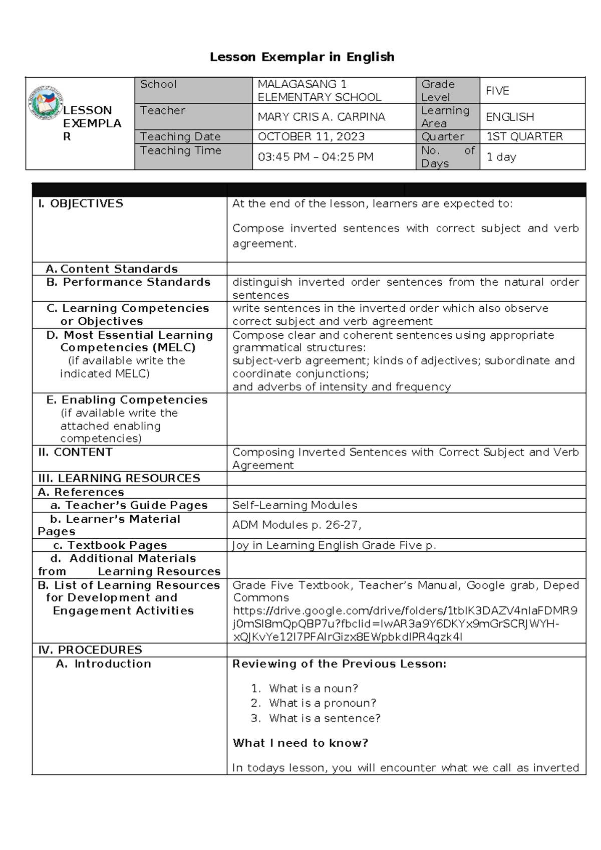 English-5-L - None - Lesson Exemplar in English LESSON EXEMPLA R School ...