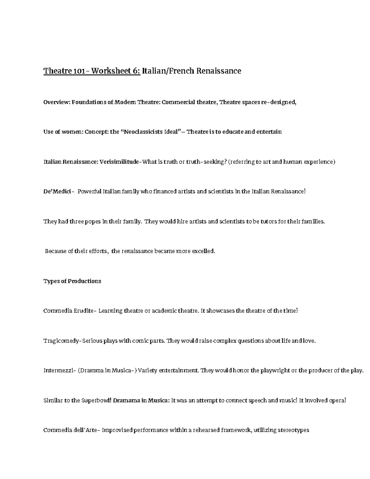 Theatre- Chapter 6 - Theatre 101- Worksheet 6: Italian/French ...