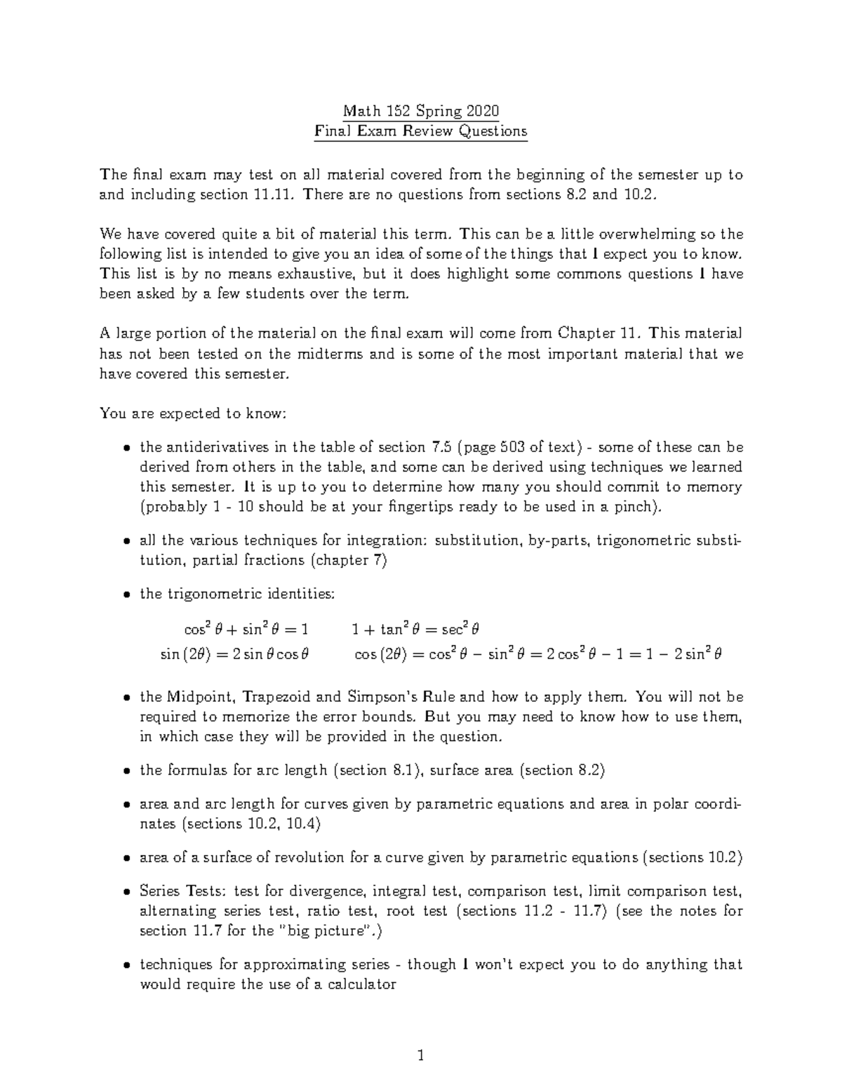 Final review spring 2020 - Math 152 Spring 2020 Final Exam Review ...