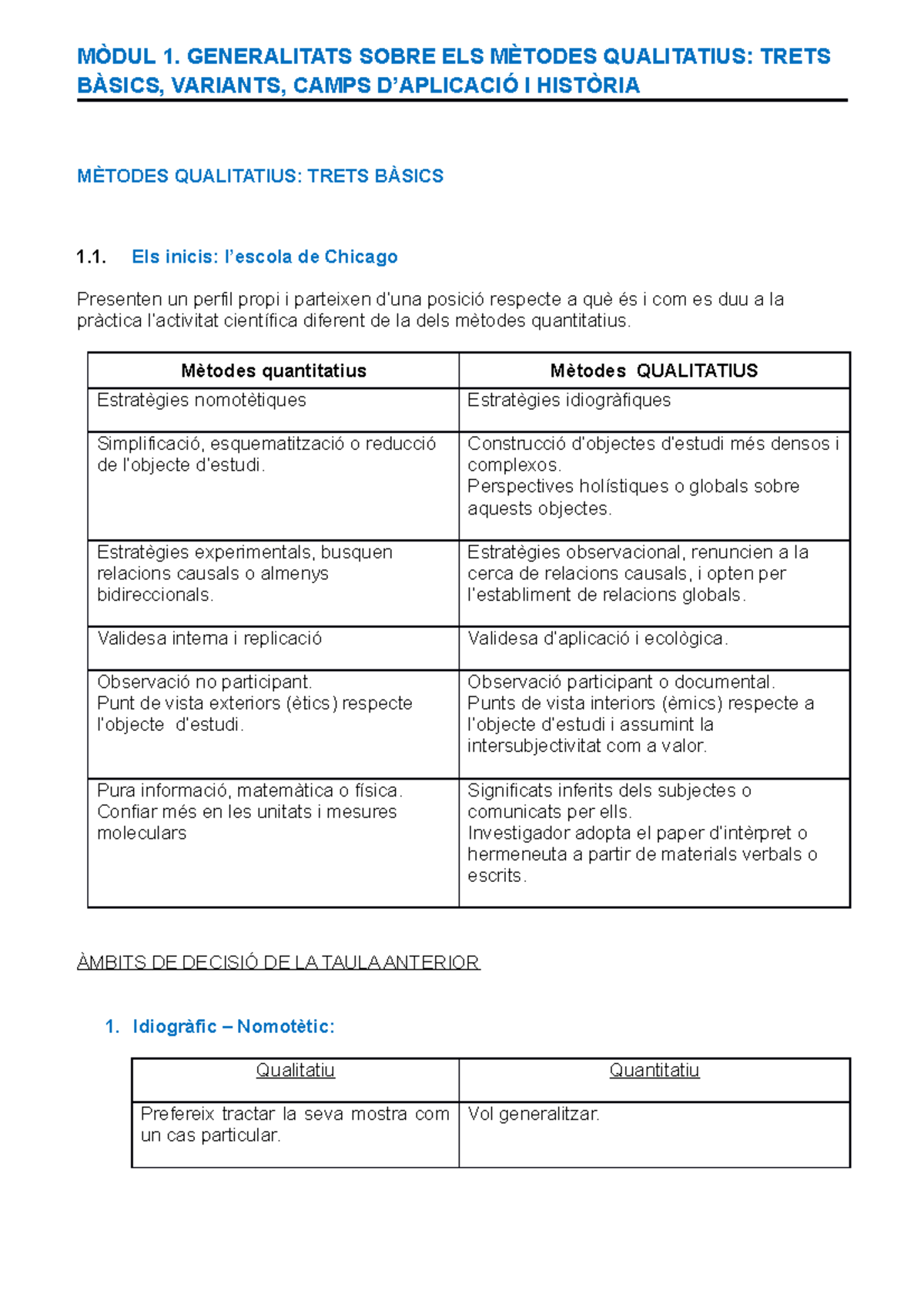 Mòdul 1 ( Apunts) - MÒDUL 1. GENERALITATS SOBRE ELS MÈTODES QUALITATIUS: TRETS BÀSICS, VARIANTS ...