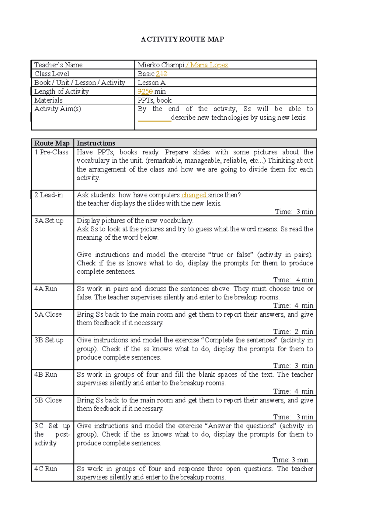 Route Map - Sample - ACTIVITY ROUTE MAP Teacher’s Name Mierko Champi ...