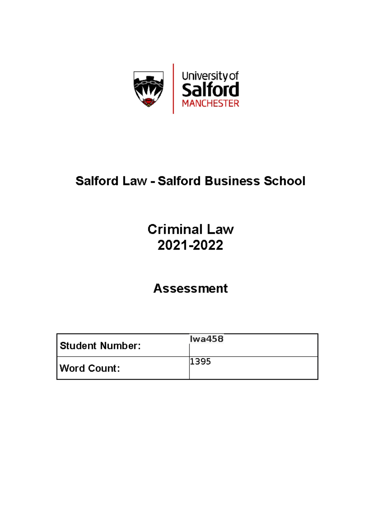 Criminal law essay - Salford Law - Salford Business School Criminal Law ...