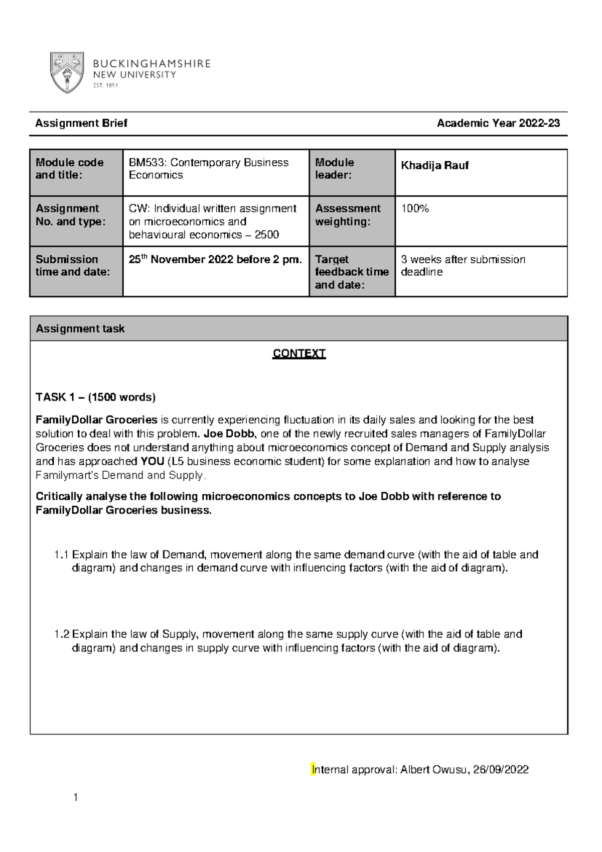 BM533 CW1 Assignment Brief - Assignment Brief Academic Year 2022- Module code and title: BM533 ...