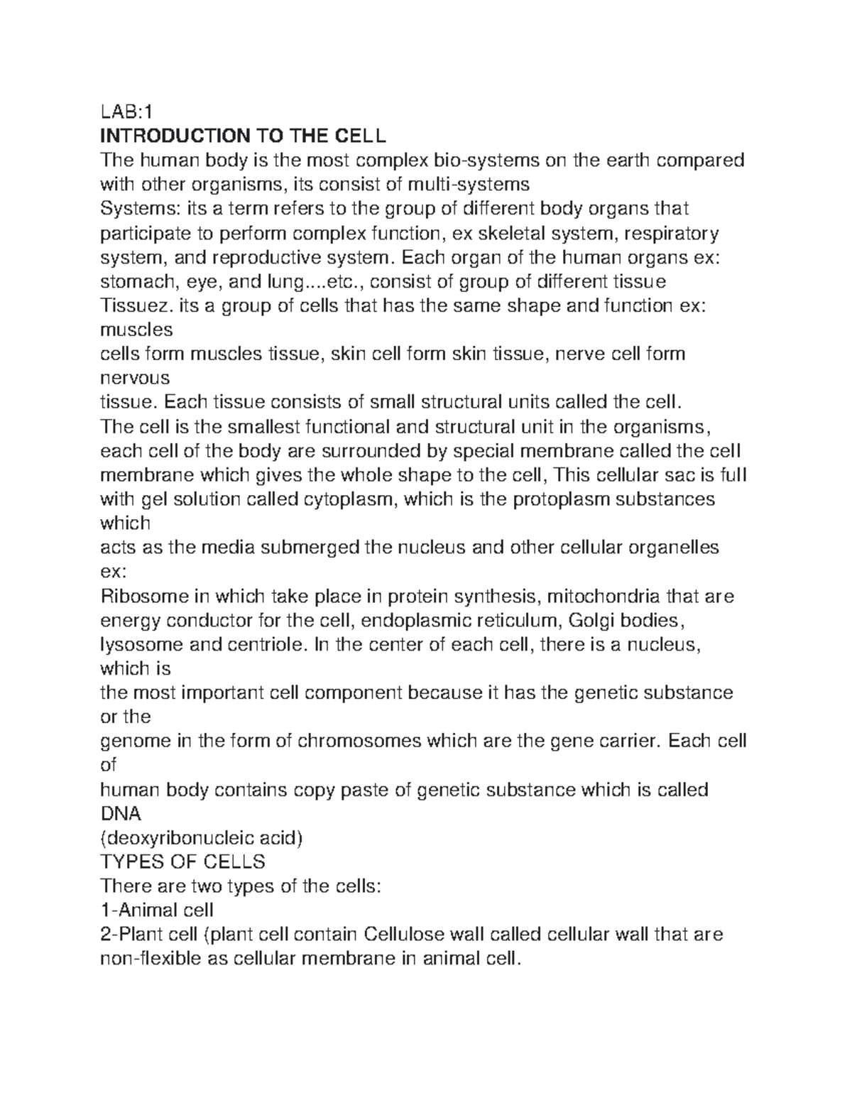 Cell Biology - LAB: INTRODUCTION TO THE CELL The human body is the most ...