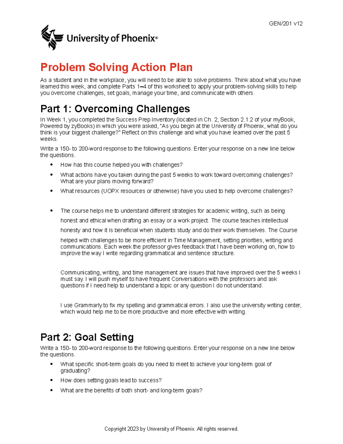 Gen201 v12 wk5 problem solving action plan - GEN/201 v Problem Solving ...
