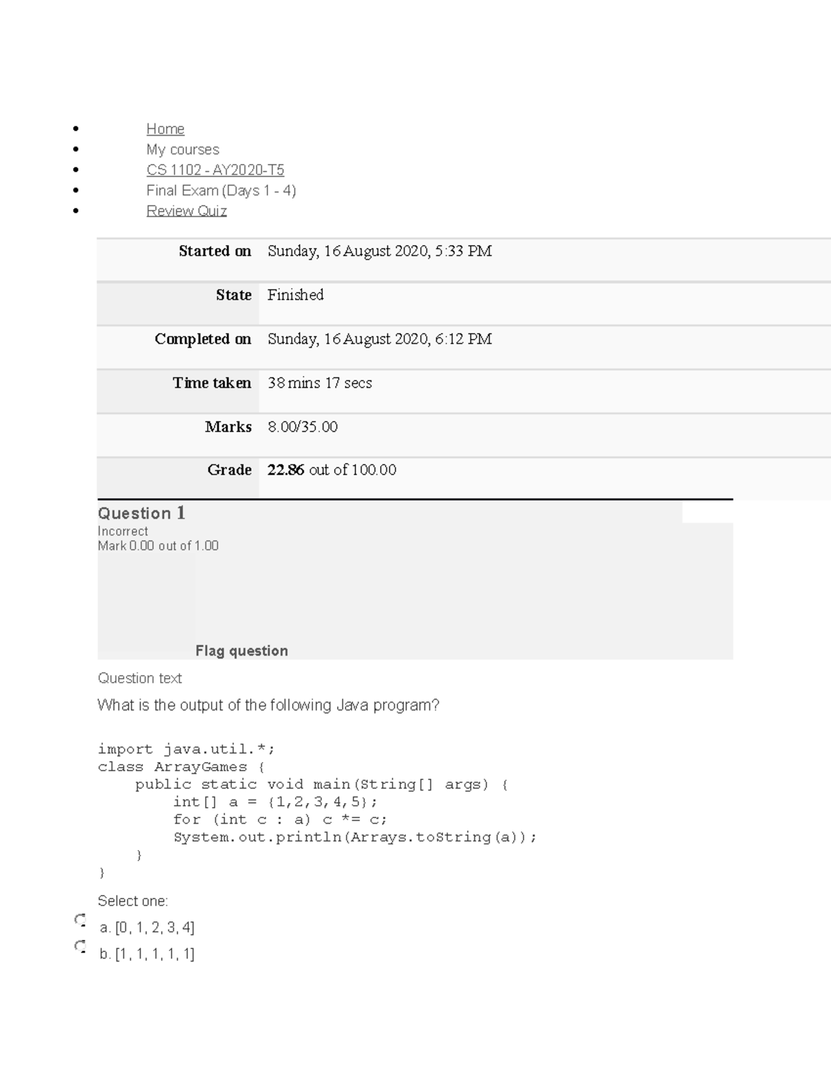 CS1102 Review Quiz 4 - Home My courses CS 1102 - AY2020-T Final Exam ...