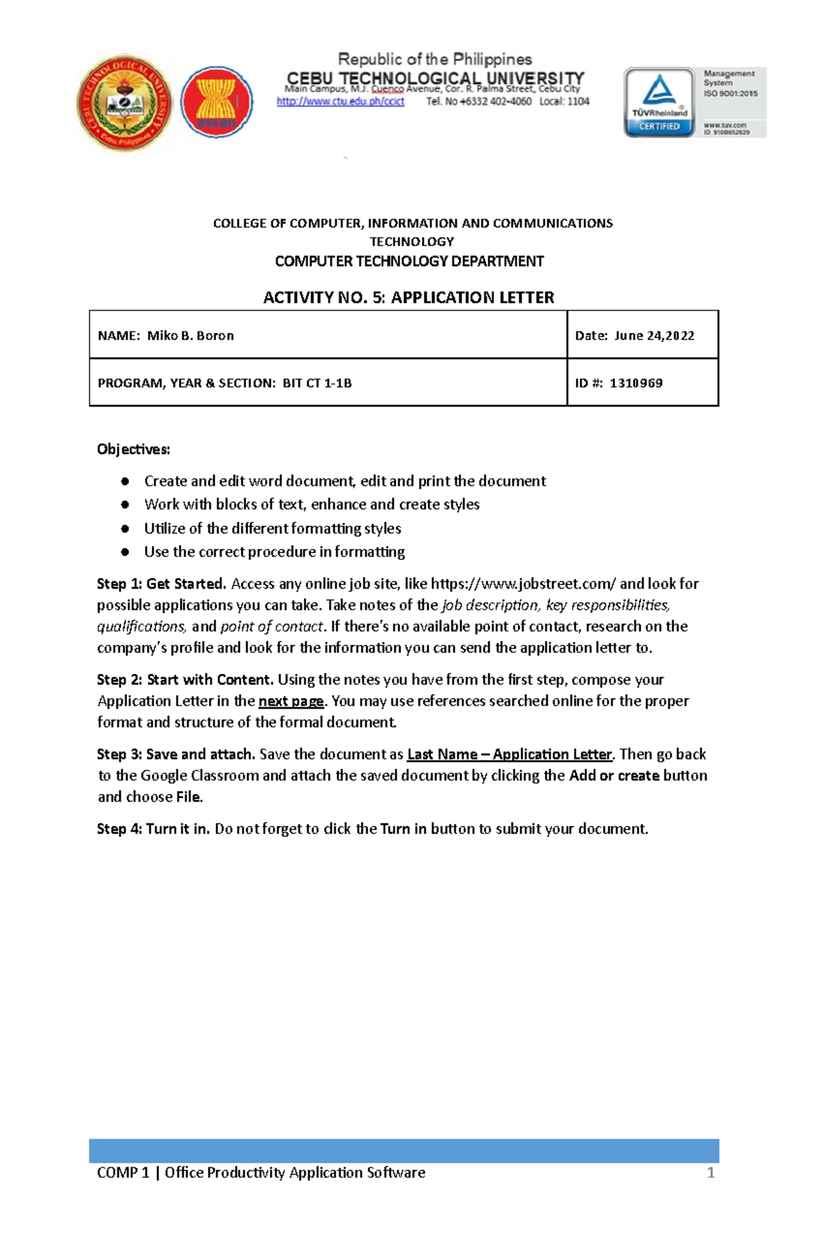 Boron Application Letter - COLLEGE OF COMPUTER, INFORMATION AND COMMUNICATIONS TECHNOLOGY ...
