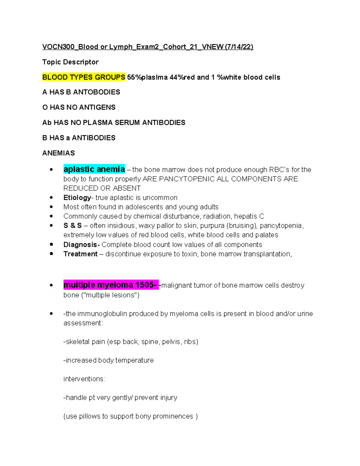 VOCN300 Exam 2 Topic Descriptors B & L - VOCN300_Blood or Lymph_Exam2 ...