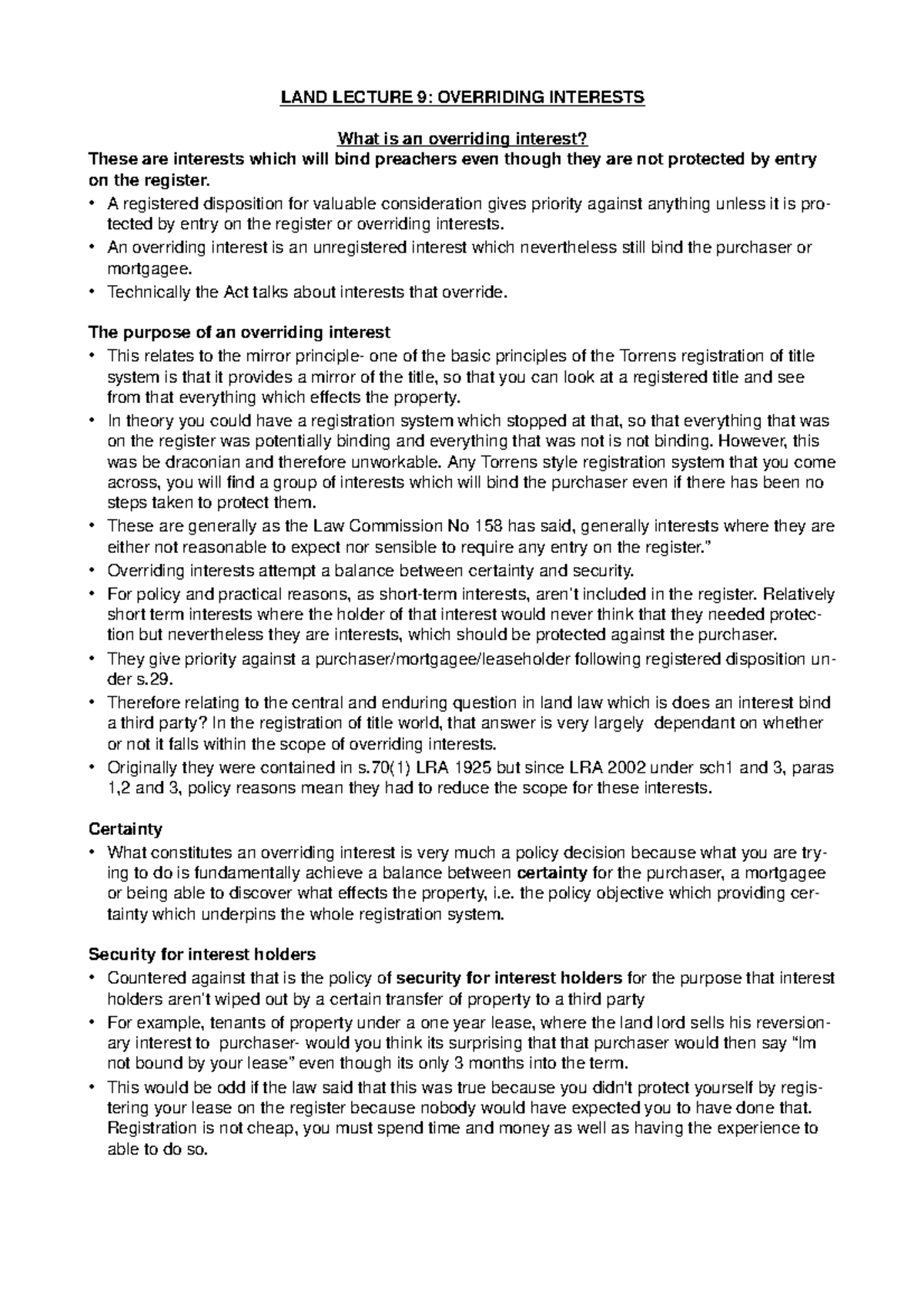 Land lecture Nine - LAND LECTURE 9: OVERRIDING INTERESTS What is an ...