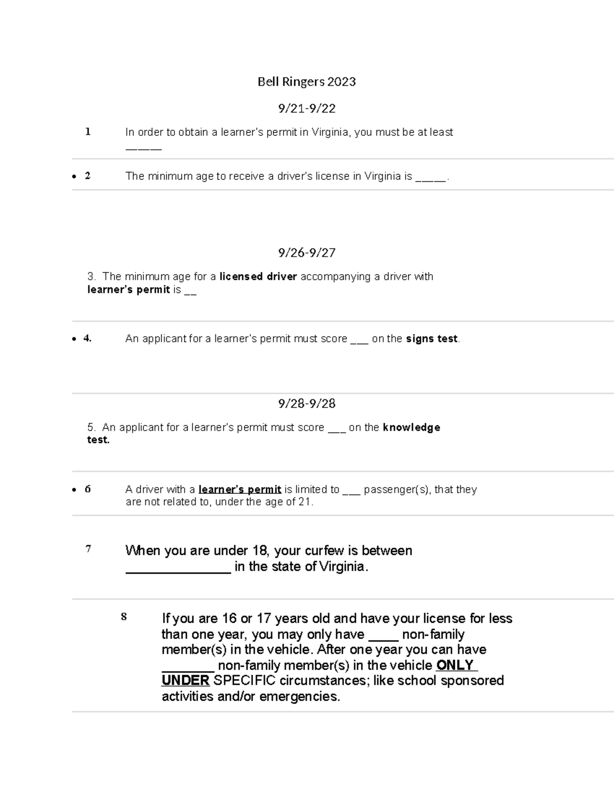 Bellringers 2023 1 - Bell Ringers 2023 9/21-9/ 1 In order to obtain a ...