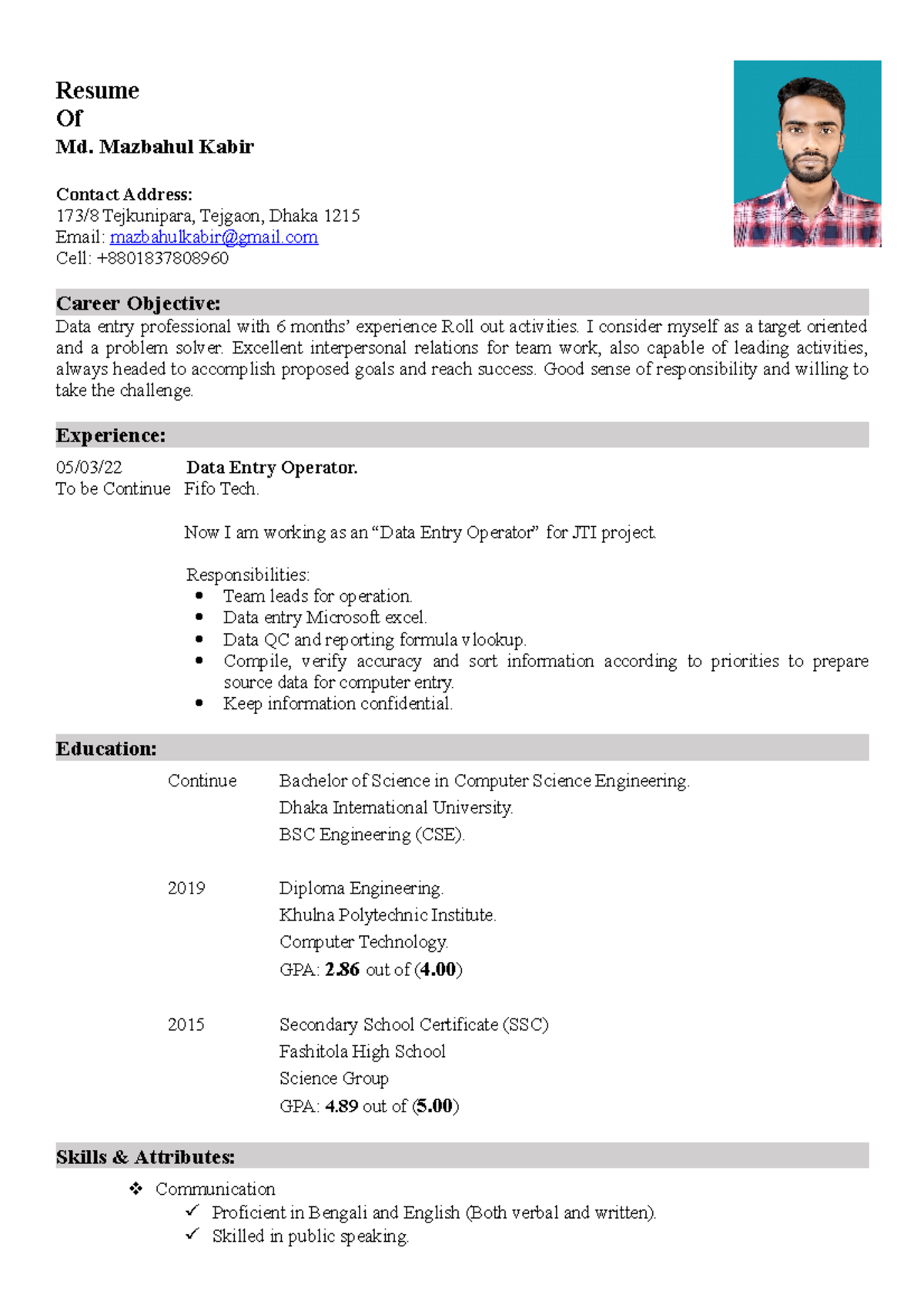 Md.Mazbahul Kabir CV - Resume Of Md. Mazbahul Kabir Contact Address ...
