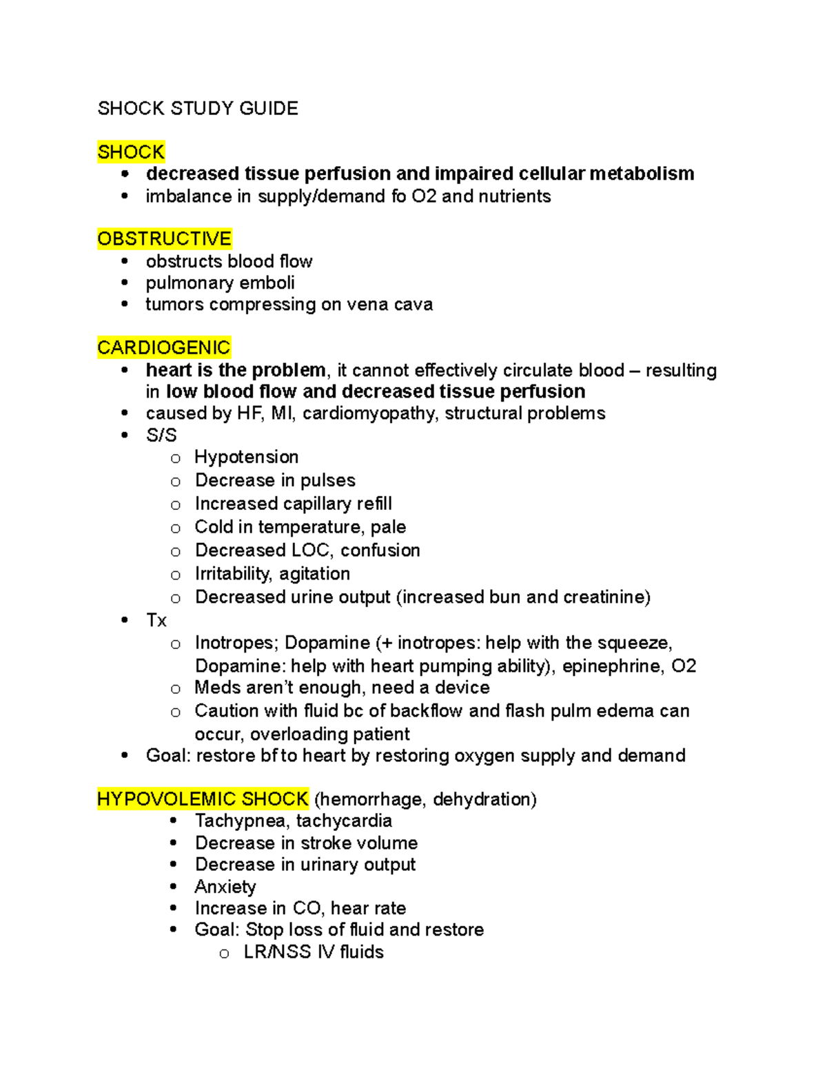 Shock Study Guide and Lecture Notes - SHOCK STUDY GUIDE SHOCK decreased ...