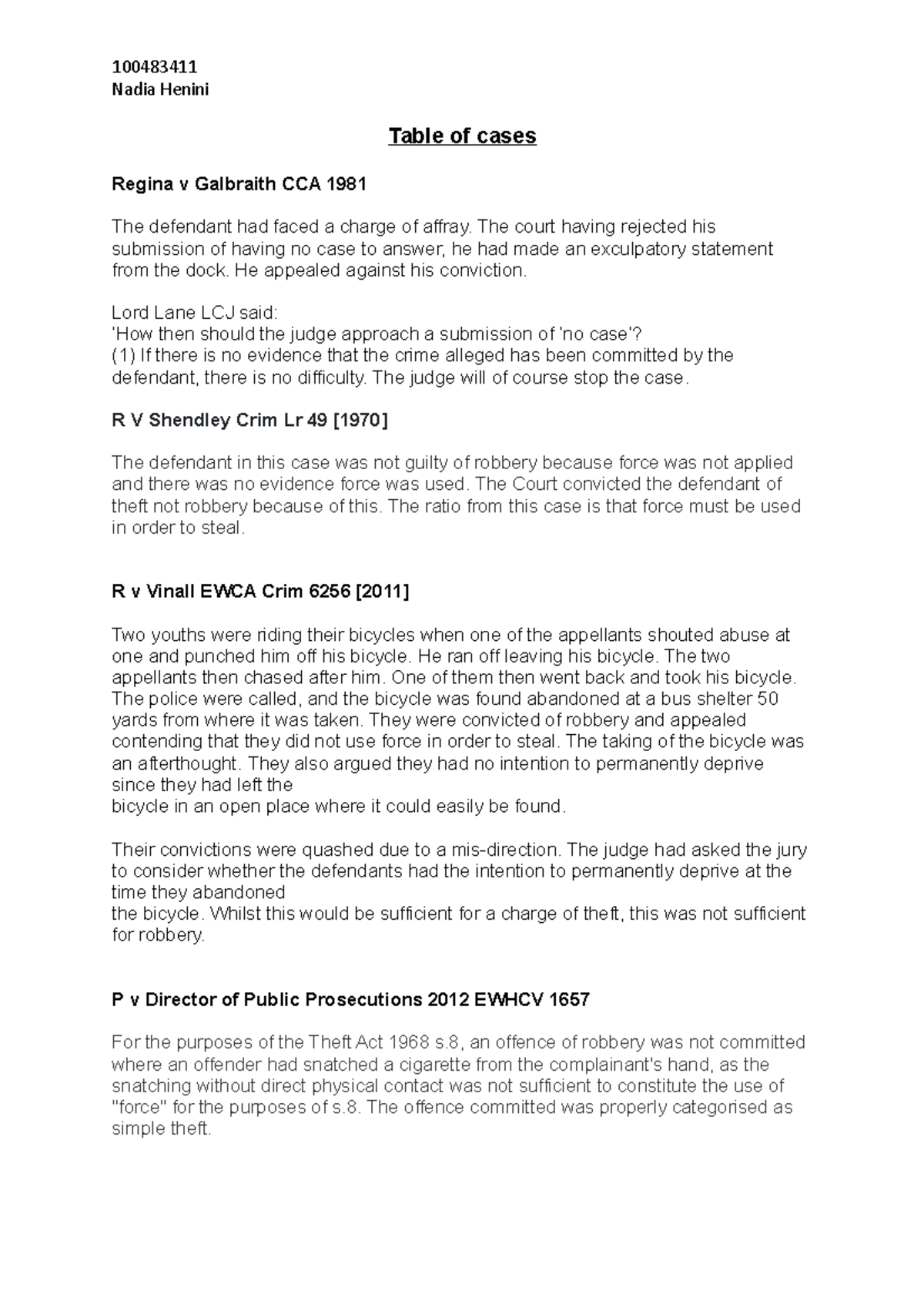 Table of cases - 100483411 Nadia Henini Table of cases Regina v ...