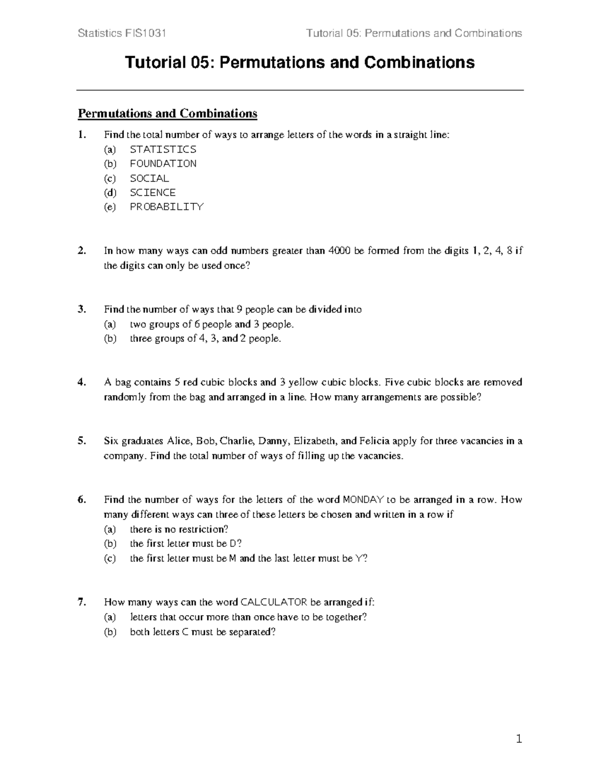 Tutorial 05 Permutations And Combinations Statistics Fis1031 Tutorial