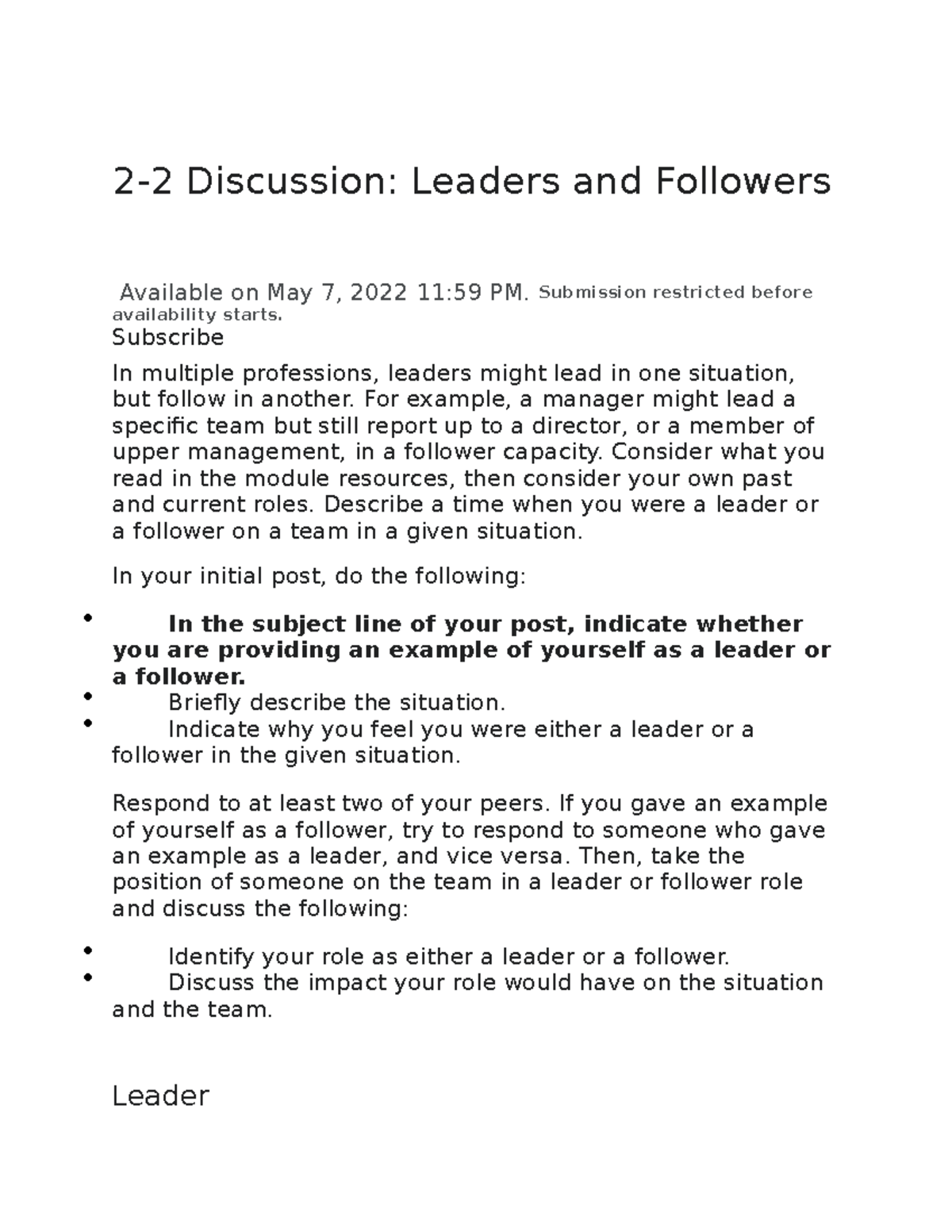 Discussion 2 - Leader or follower - 2-2 Discussion: Leaders and ...