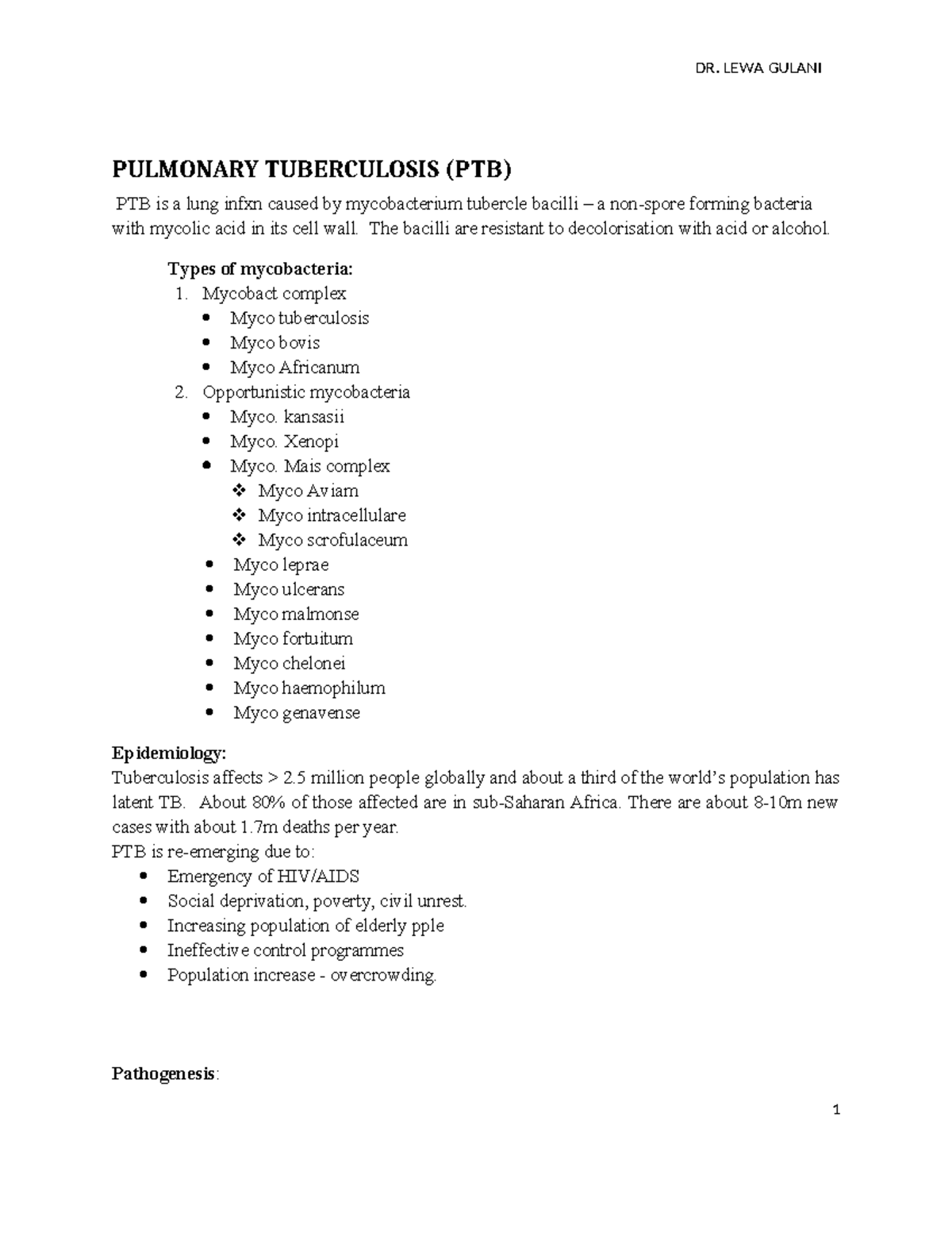 Pulmonary Tuberculosis - PULMONARY TUBERCULOSIS (PTB) PTB is a lung ...