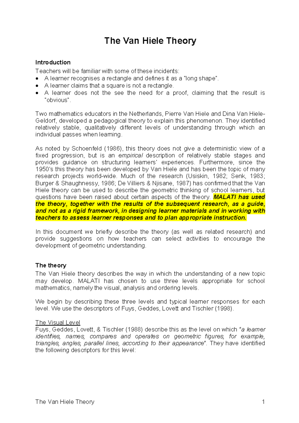 Van Hiele Theory - The Van Hiele Theory Introduction Teachers will be ...