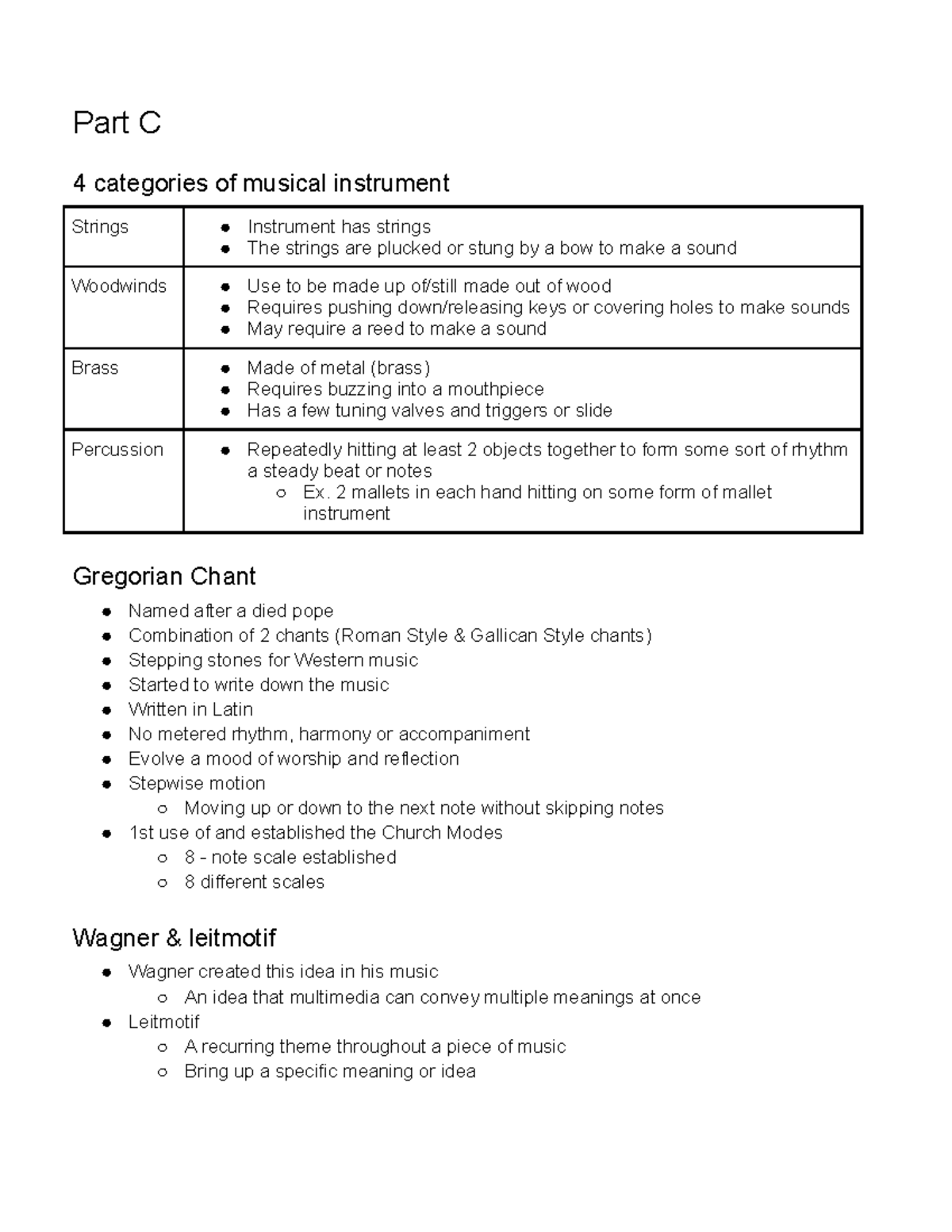 Mid Term Test Review - Part C 4 categories of musical instrument ...