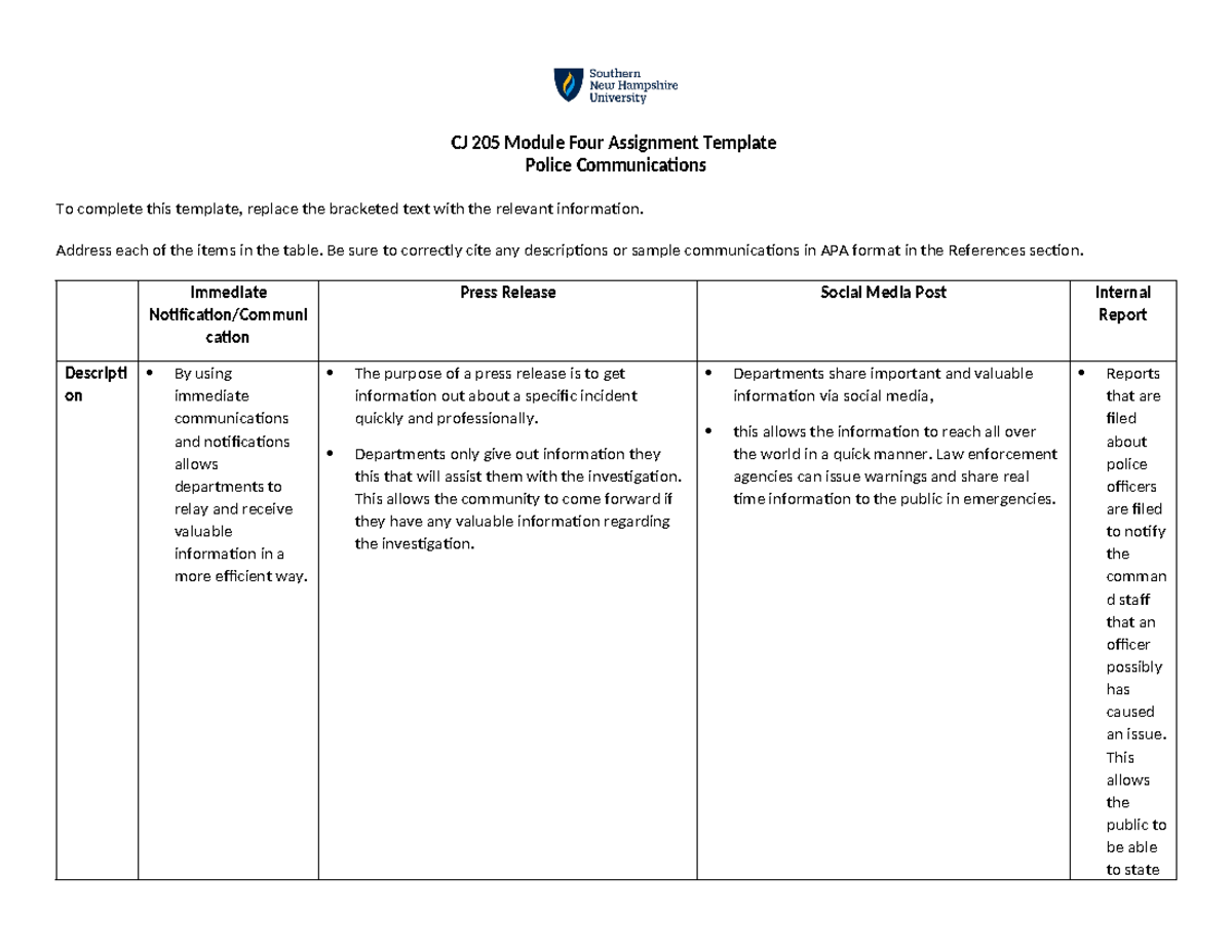 CJ 205 Module Four Assignment - Address each of the items in the table ...