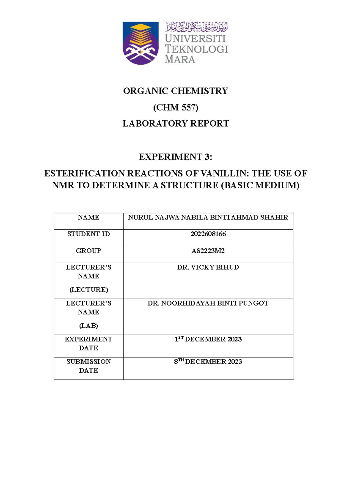 Organic Chemistry experiment 3 basic - ORGANIC CHEMISTRY (CHM 557 ...