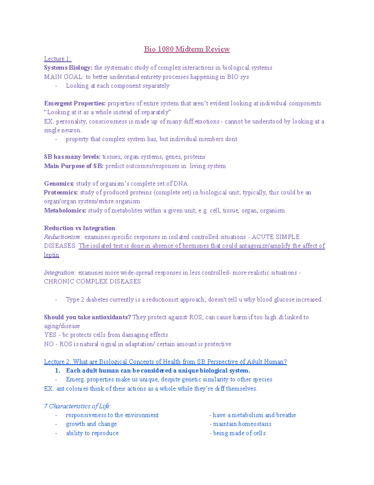 Bio 1080 Midterm Review - Bio 1080 Midterm Review Lecture 1: Systems ...