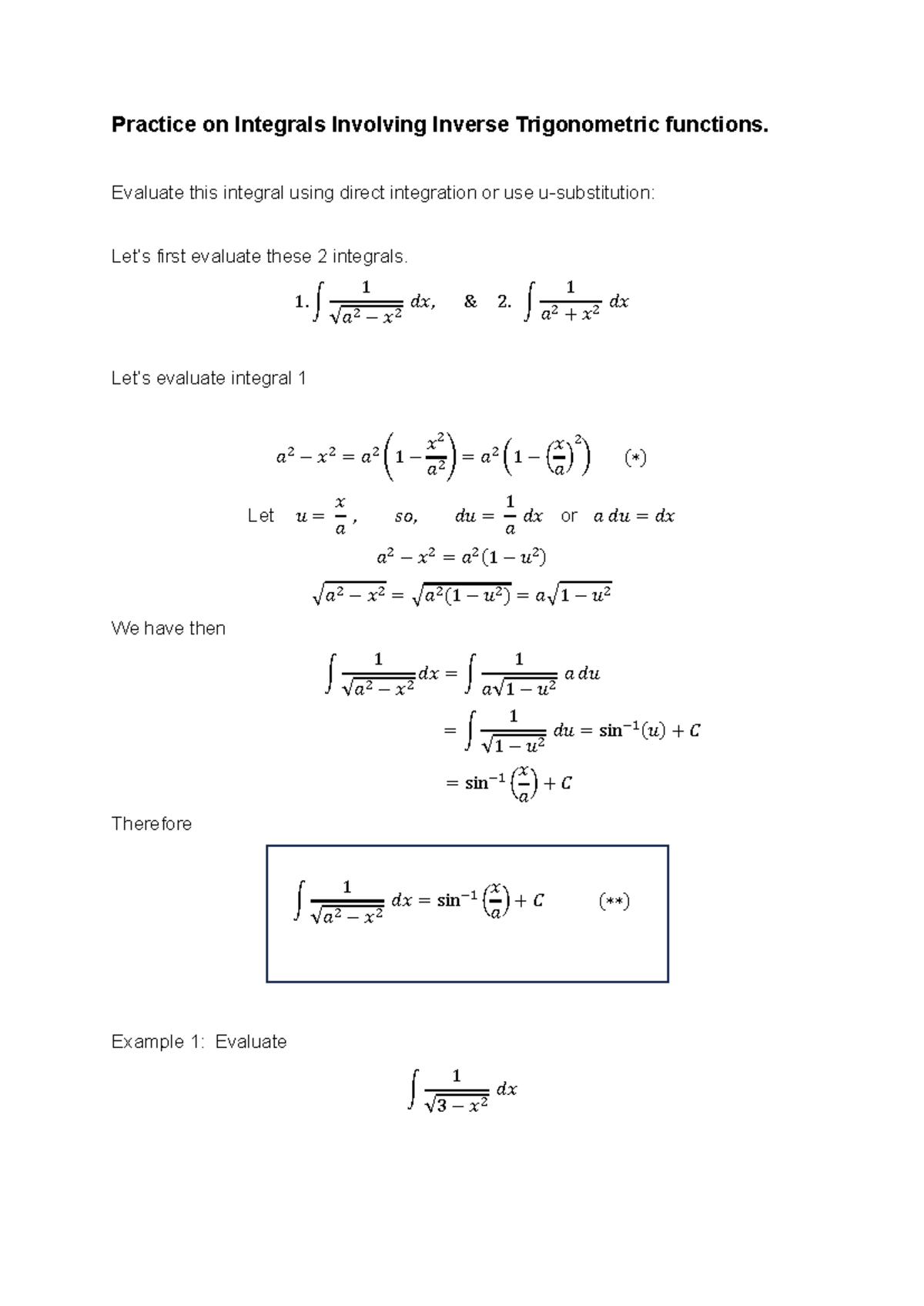 Practice on Integrals Involving Inverse Trigonometric functions ...