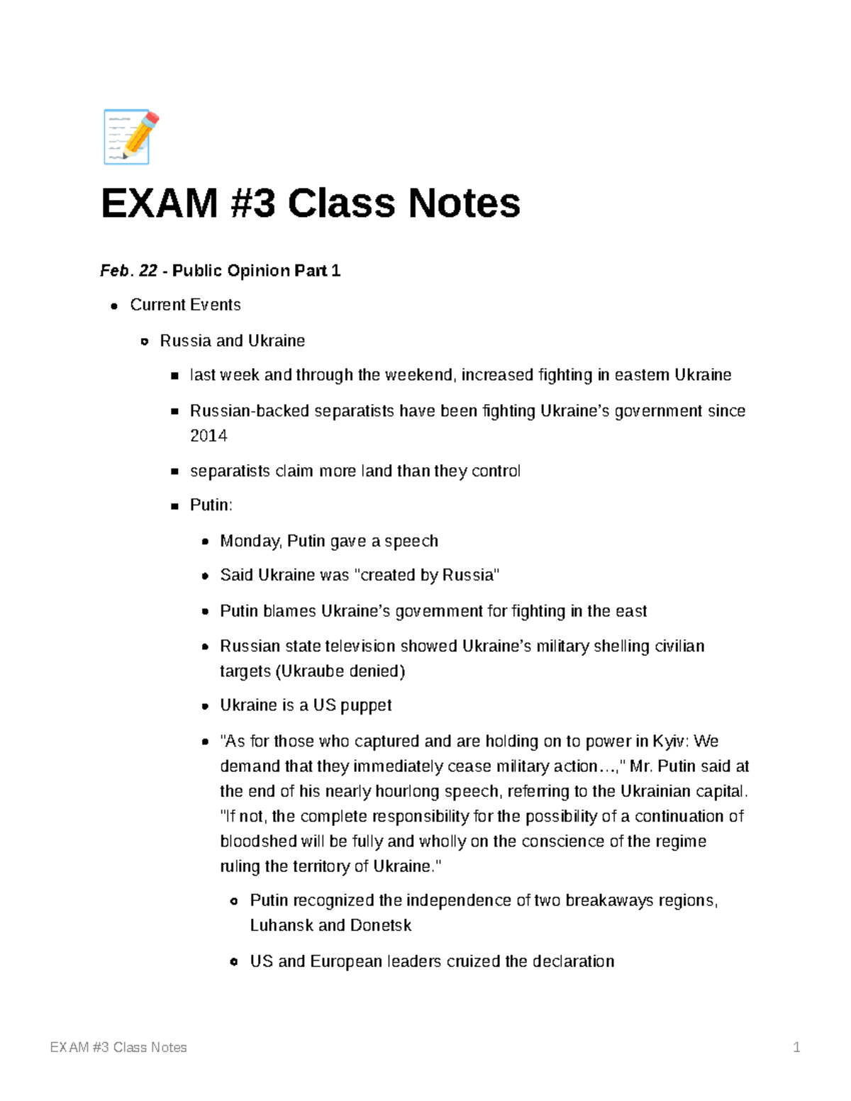 EXAM 3 Class Notes - Ë EXAM #3 Class Notes Feb. 22 - Public Opinion ...