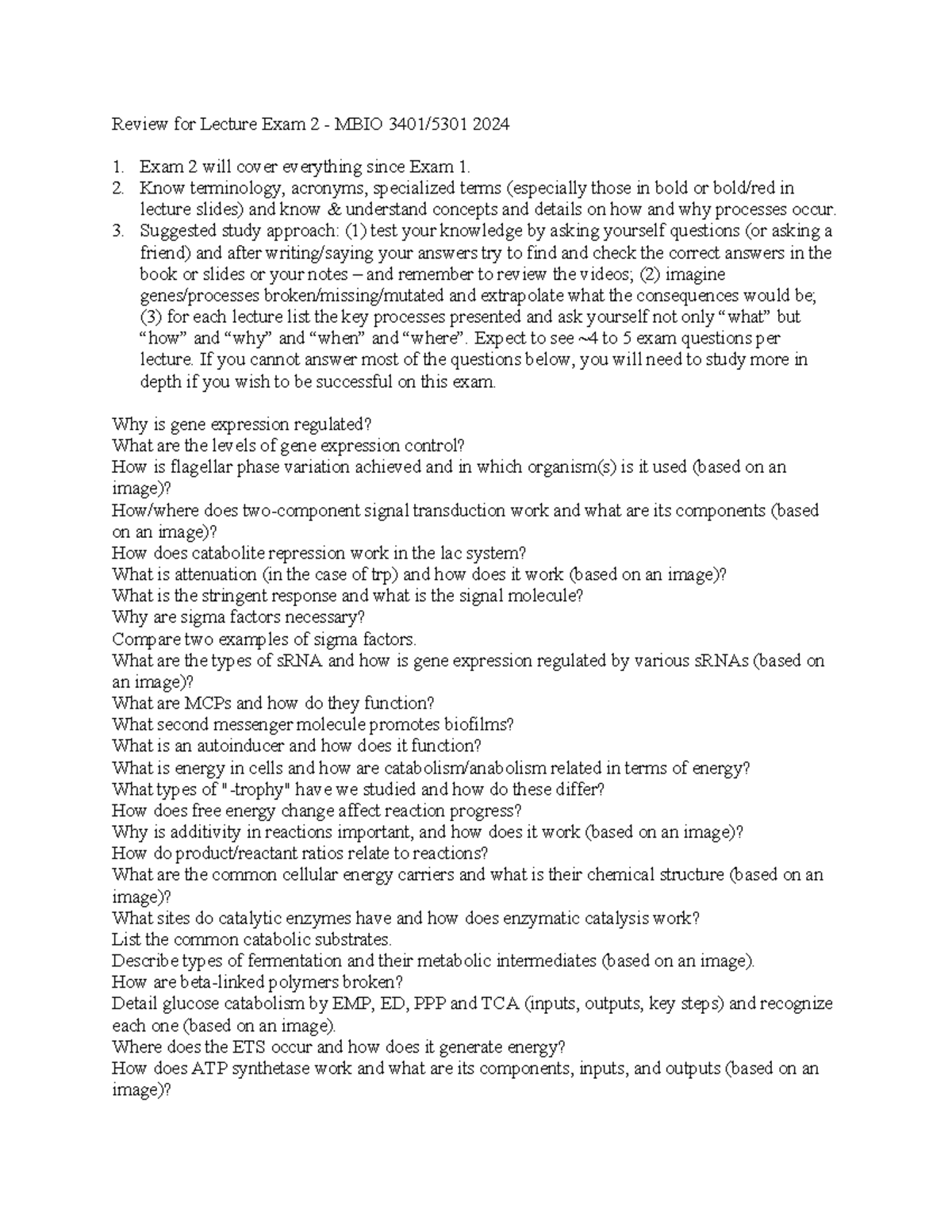 MBIO3401 001 Exam2 Review - Review for Lecture Exam 2 - MBIO 3401/5301 ...