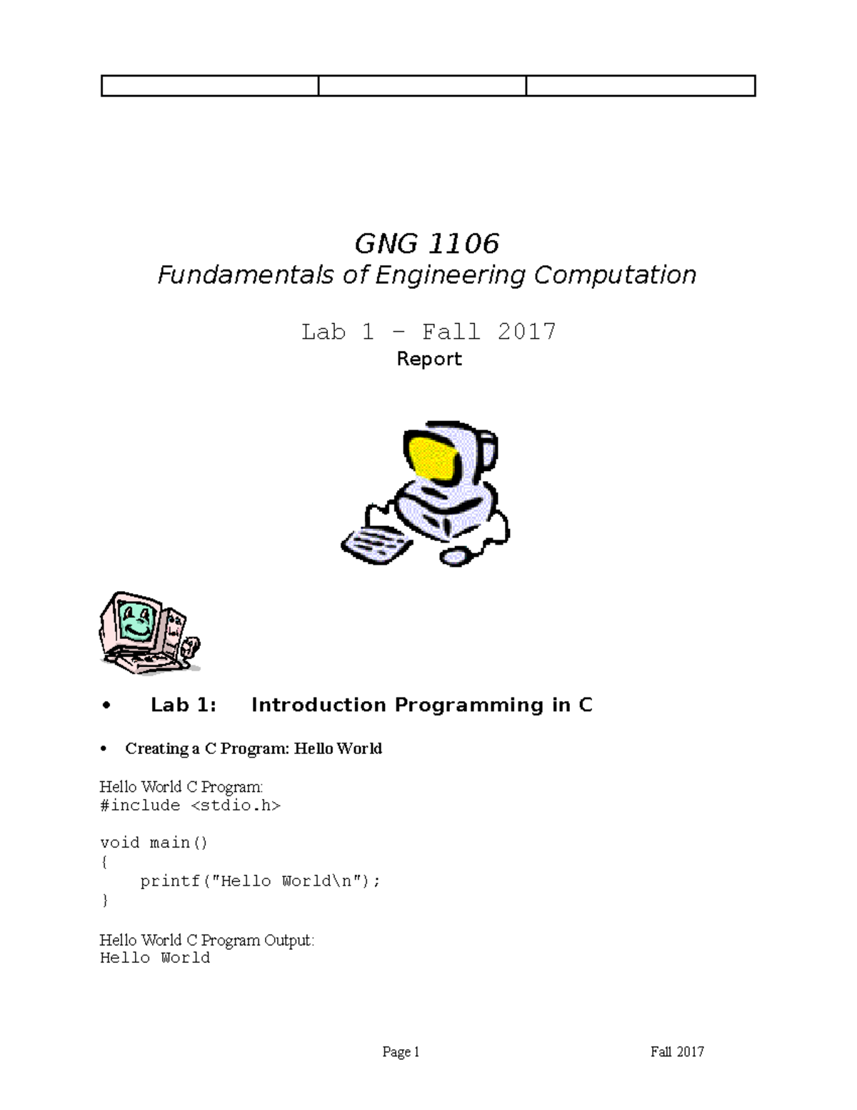 GNG1106 Lab1Report Final 1 - GNG 1106 Fundamentals of Engineering Computation Lab 1 – Fall 2017 ...