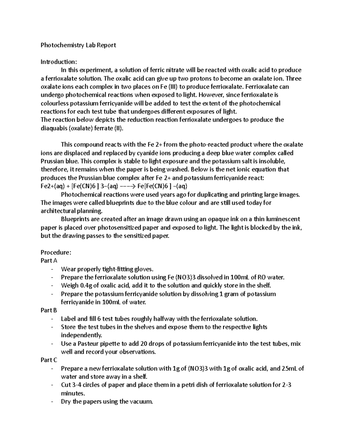 Photochemistry Lab Report Introduction - Photochemistry Lab Report ...