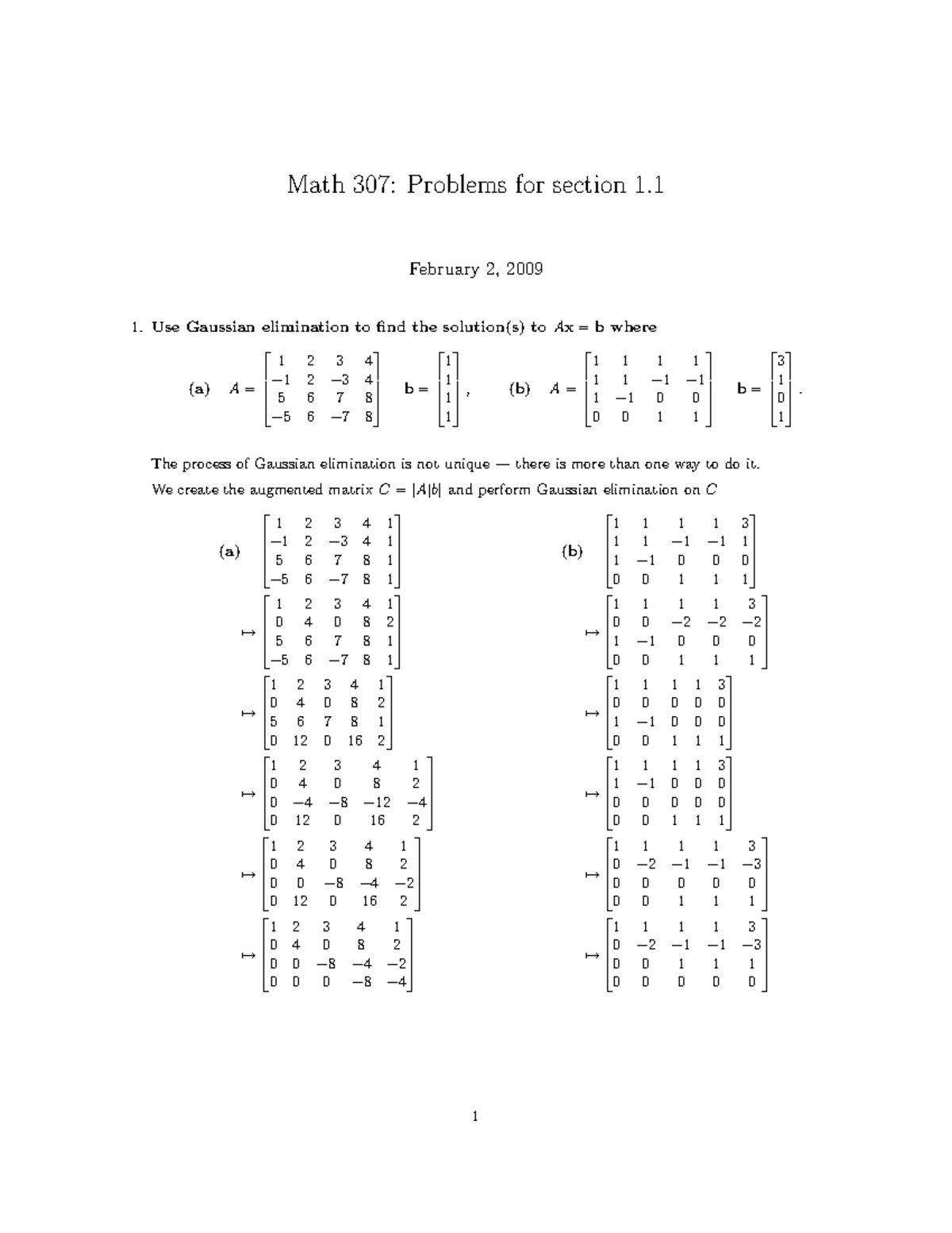 Solutions 1 - Math 307: Problems for section 1. February 2, 2009 1 ...
