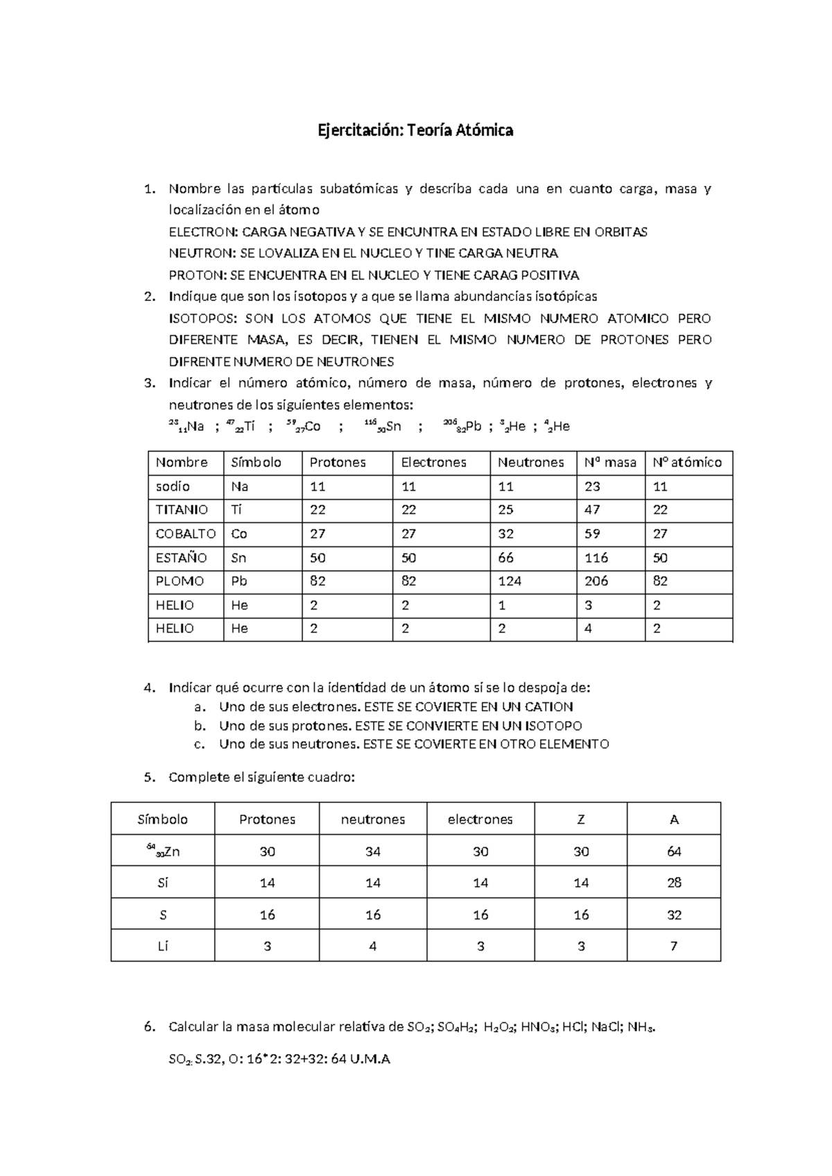 Teoria Atomica GUIA - Ejercitación: Teoría Atómica Nombre las ...