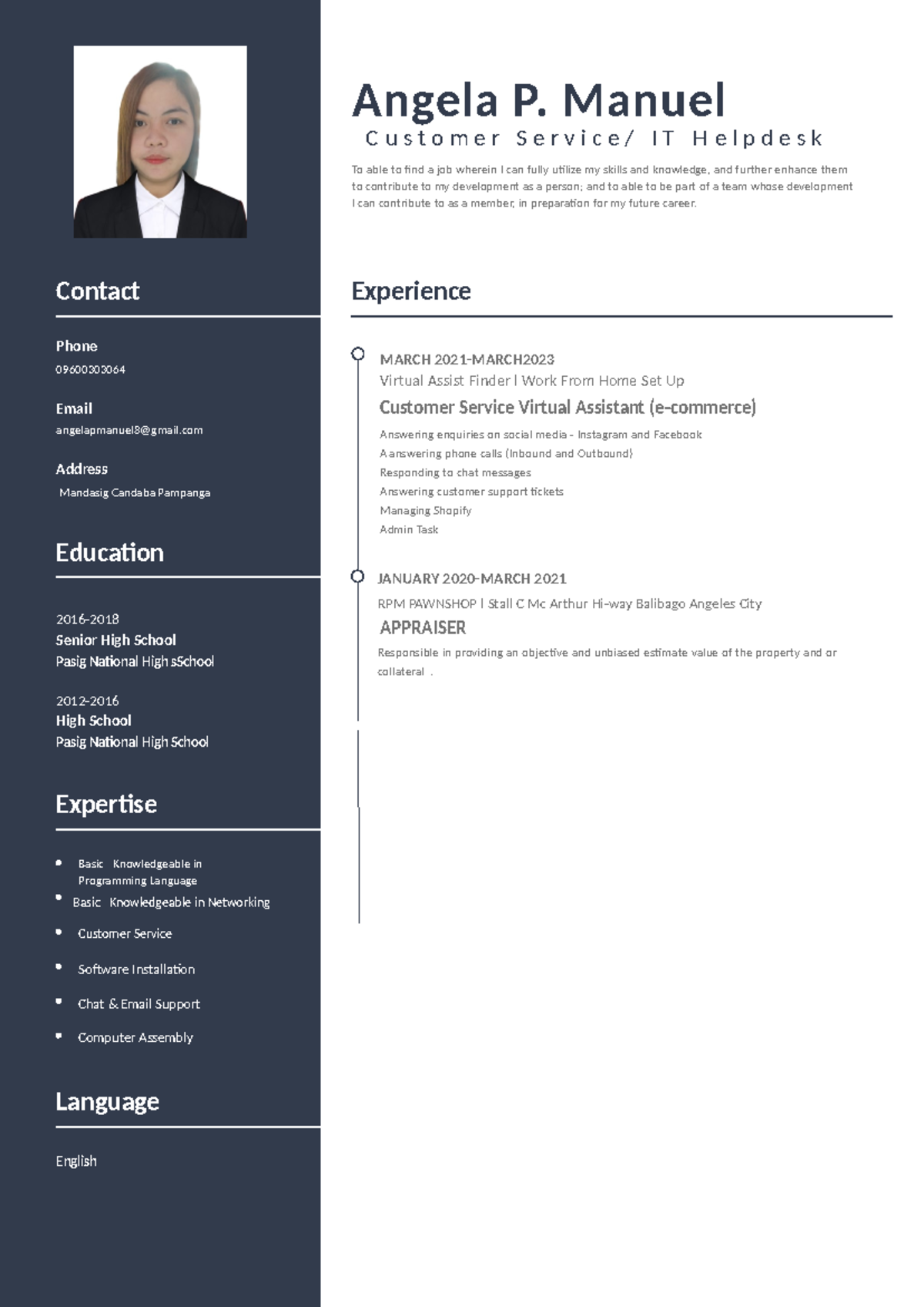 Angela CV - hvkj - Contact Education 09600303064 Phone angelapmanuel8 ...