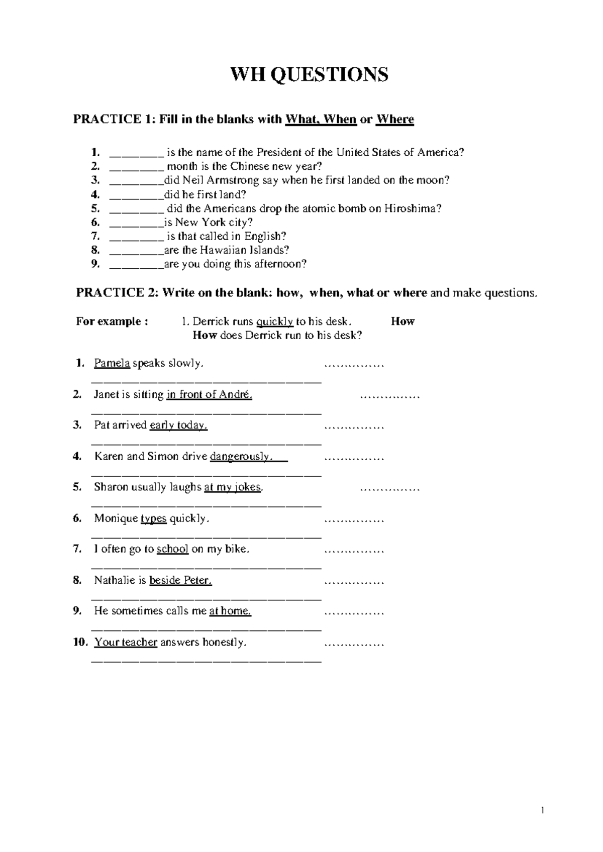 Wh-questions - Pracitse - WH QUESTIONS PRACTICE 1: Fill in the blanks ...